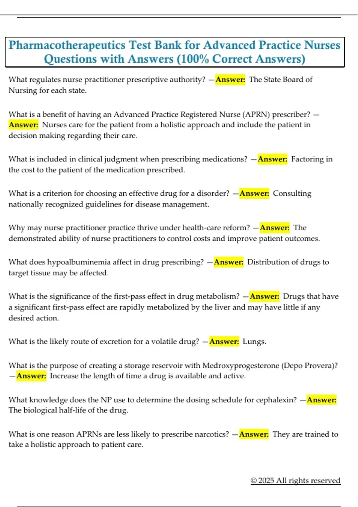 Pharmacotherapeutics Test Bank for Advanced Practice Nurses Questions ...