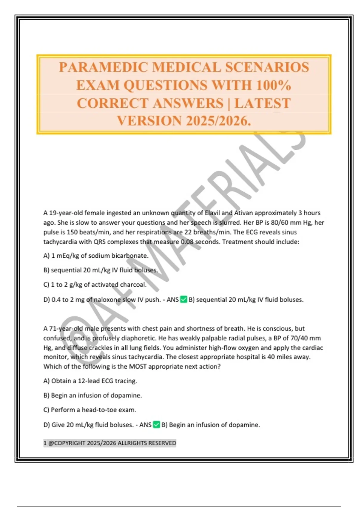 PARAMEDIC MEDICAL SCENARIOS EXAM QUESTIONS WITH 100% CORRECT ANSWERS ...