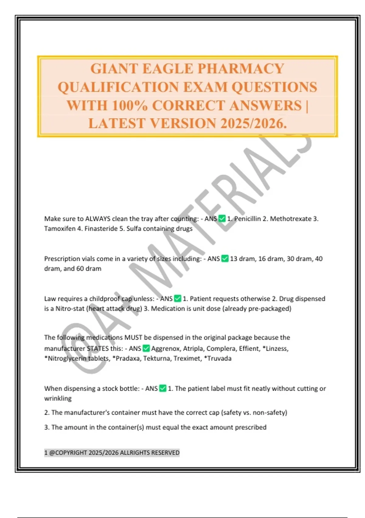 GIANT EAGLE PHARMACY QUALIFICATION EXAM QUESTIONS WITH 100% CORRECT ...
