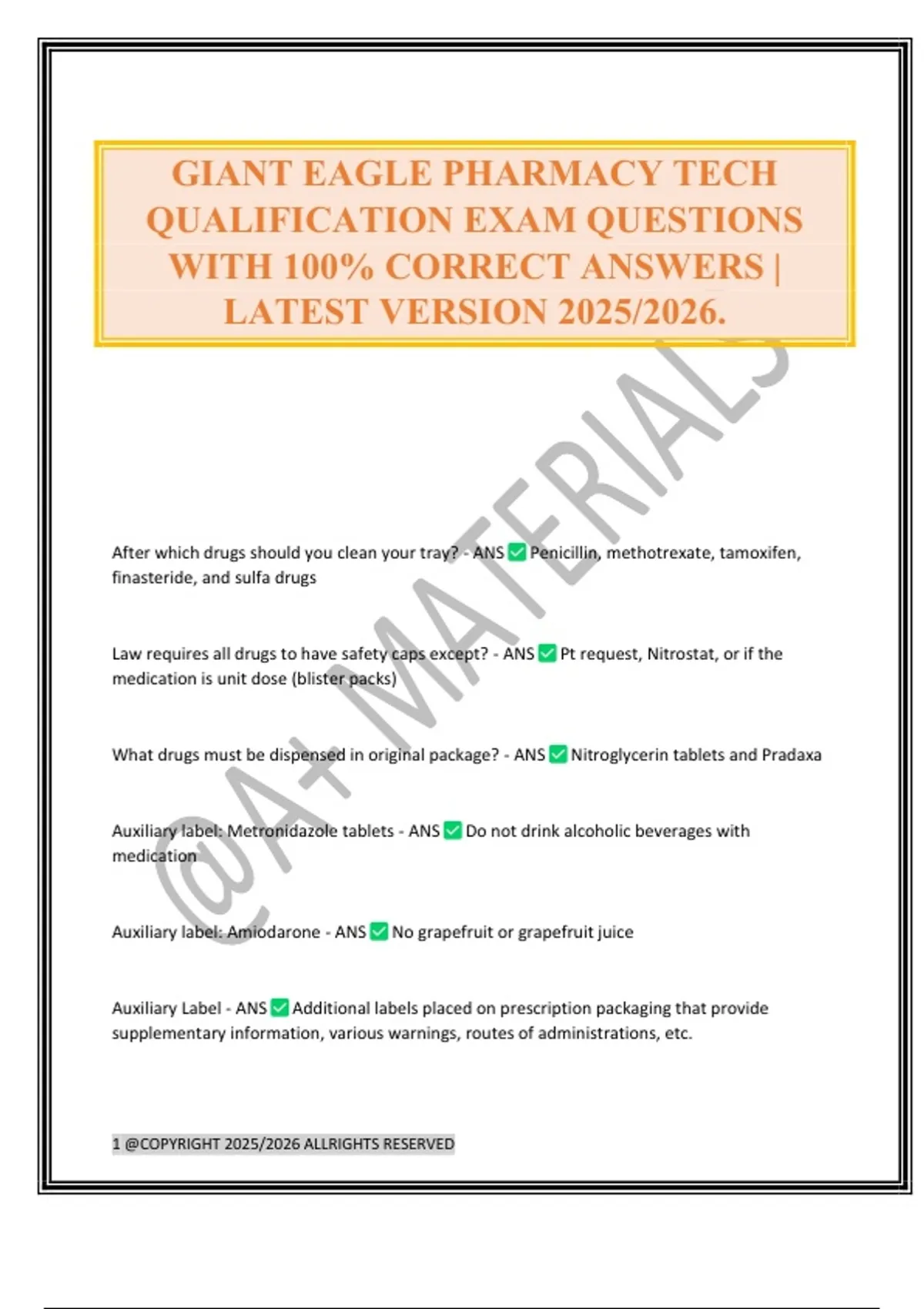 GIANT EAGLE PHARMACY TECH QUALIFICATION EXAM QUESTIONS WITH 100% ...