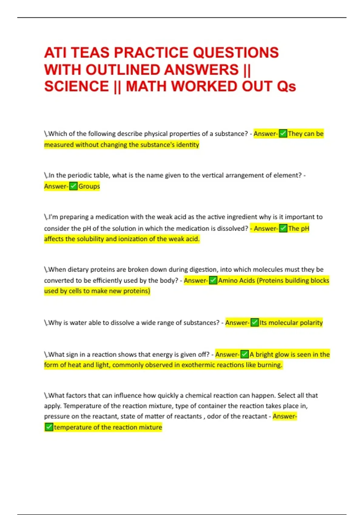 ATI TEAS PRACTICE QUESTIONS WITH OUTLINED ANSWERS || SCIENCE || MATH WORKED OUT Qs || 100% ...