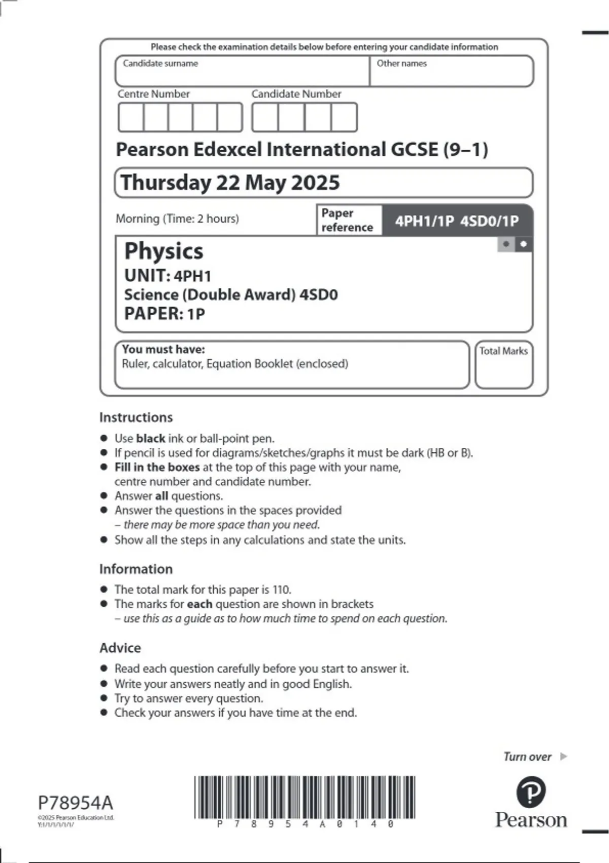 Pearson Edexcel International GCSE In Physics (4PH1) Paper 1P June 2025 ...