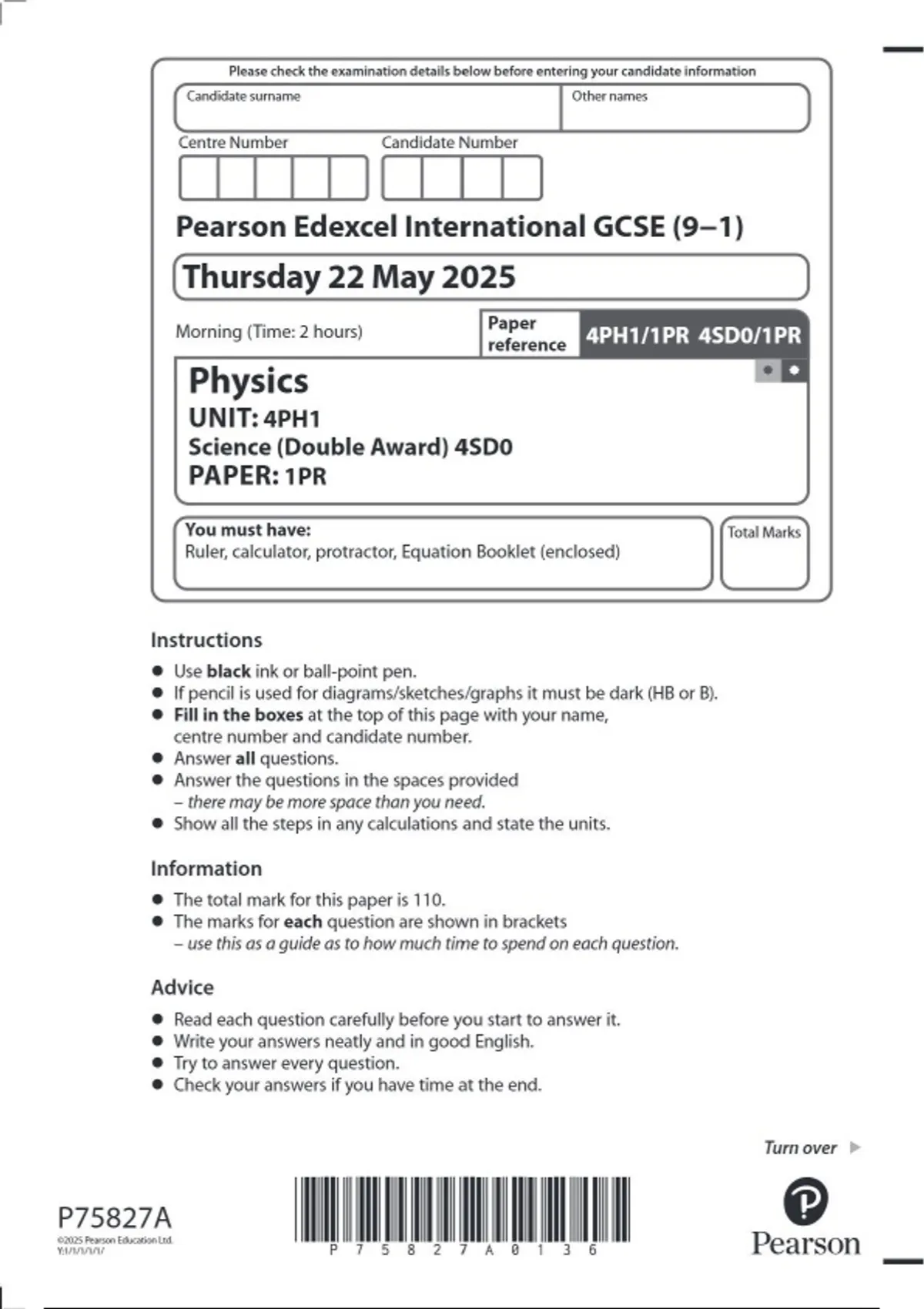 Pearson Edexcel International GCSE In Physics (4PH1) Paper 1PR for June ...