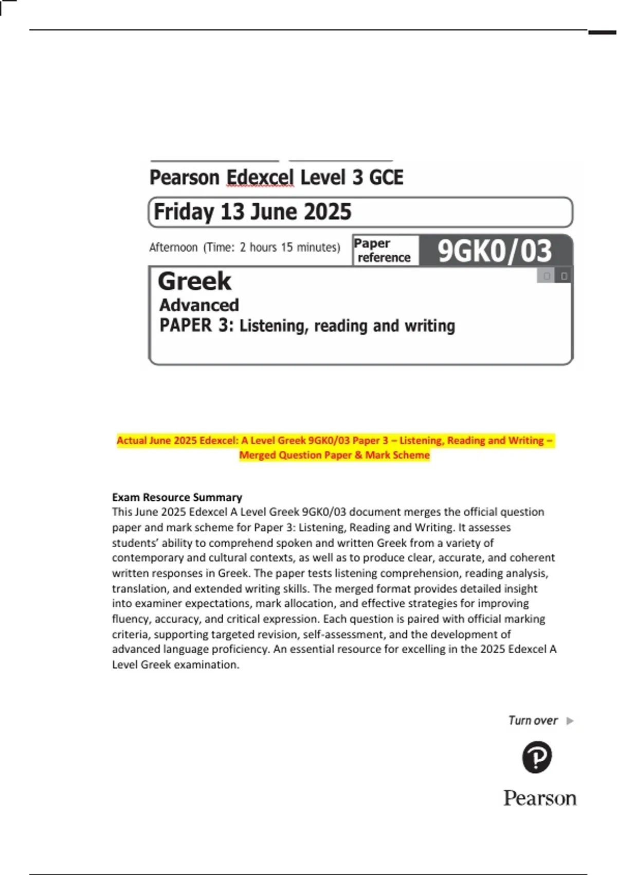 Actual June 2025 Edexcel: A Level Greek 9GK0/03 Paper 3 – Listening ...