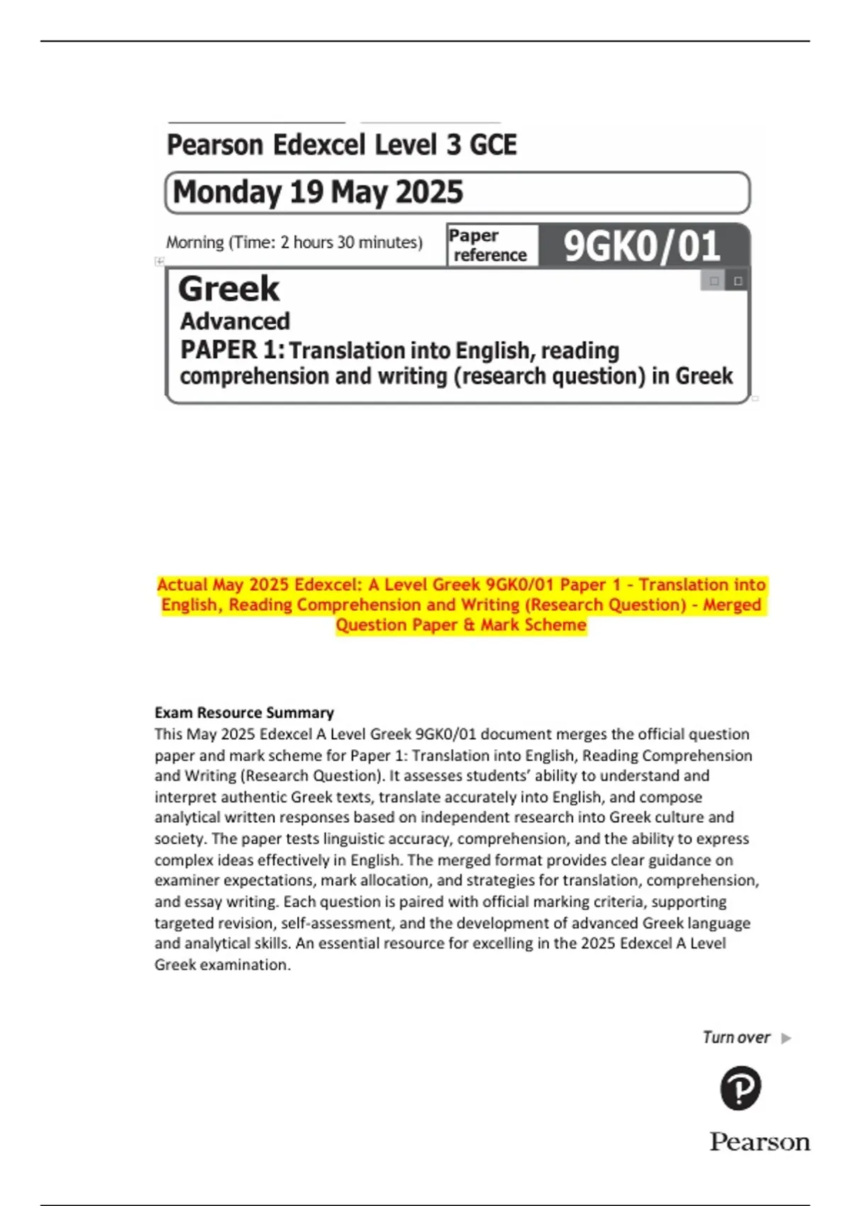 Actual May 2025 Edexcel: A Level Greek 9GK0/01 Paper 1 – Translation ...