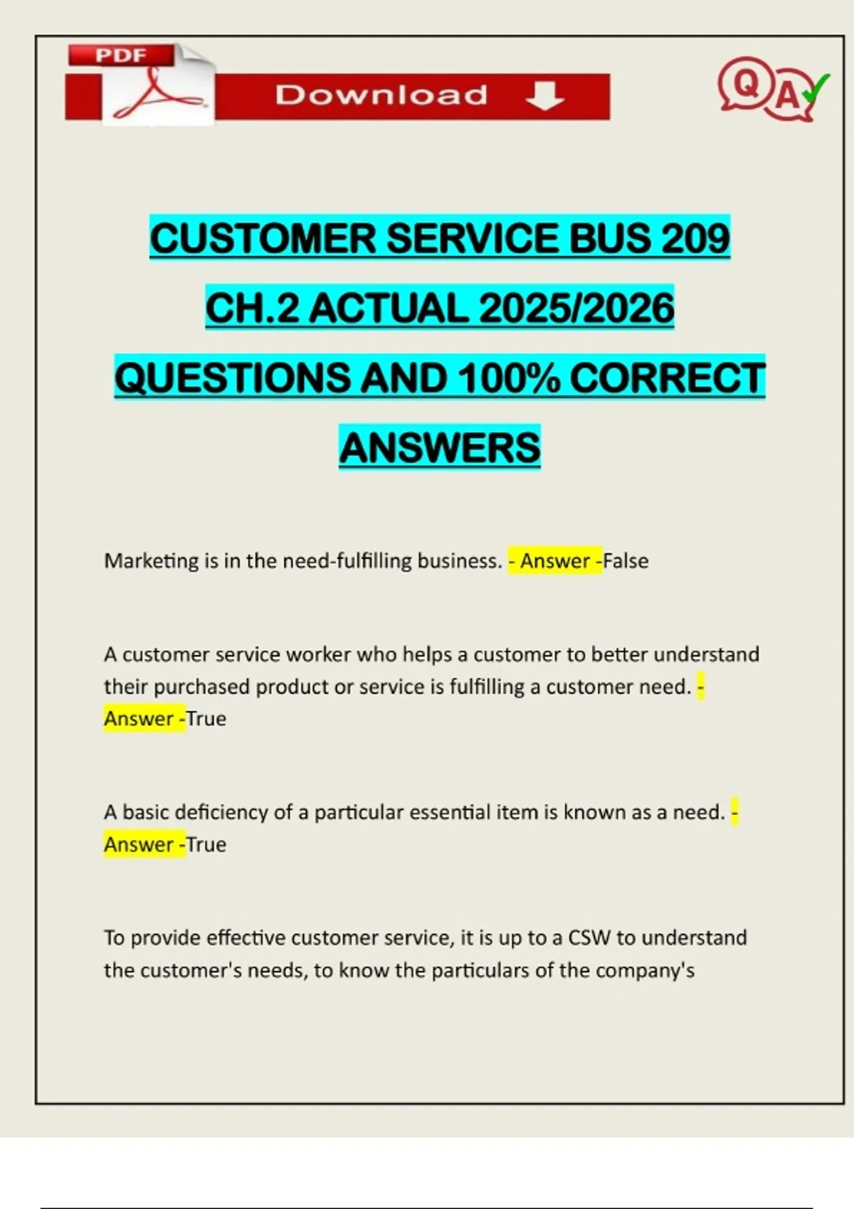 CUSTOMER SERVICE BUS 209 CH.2 ACTUAL 2025/2026 QUESTIONS AND 100% ...