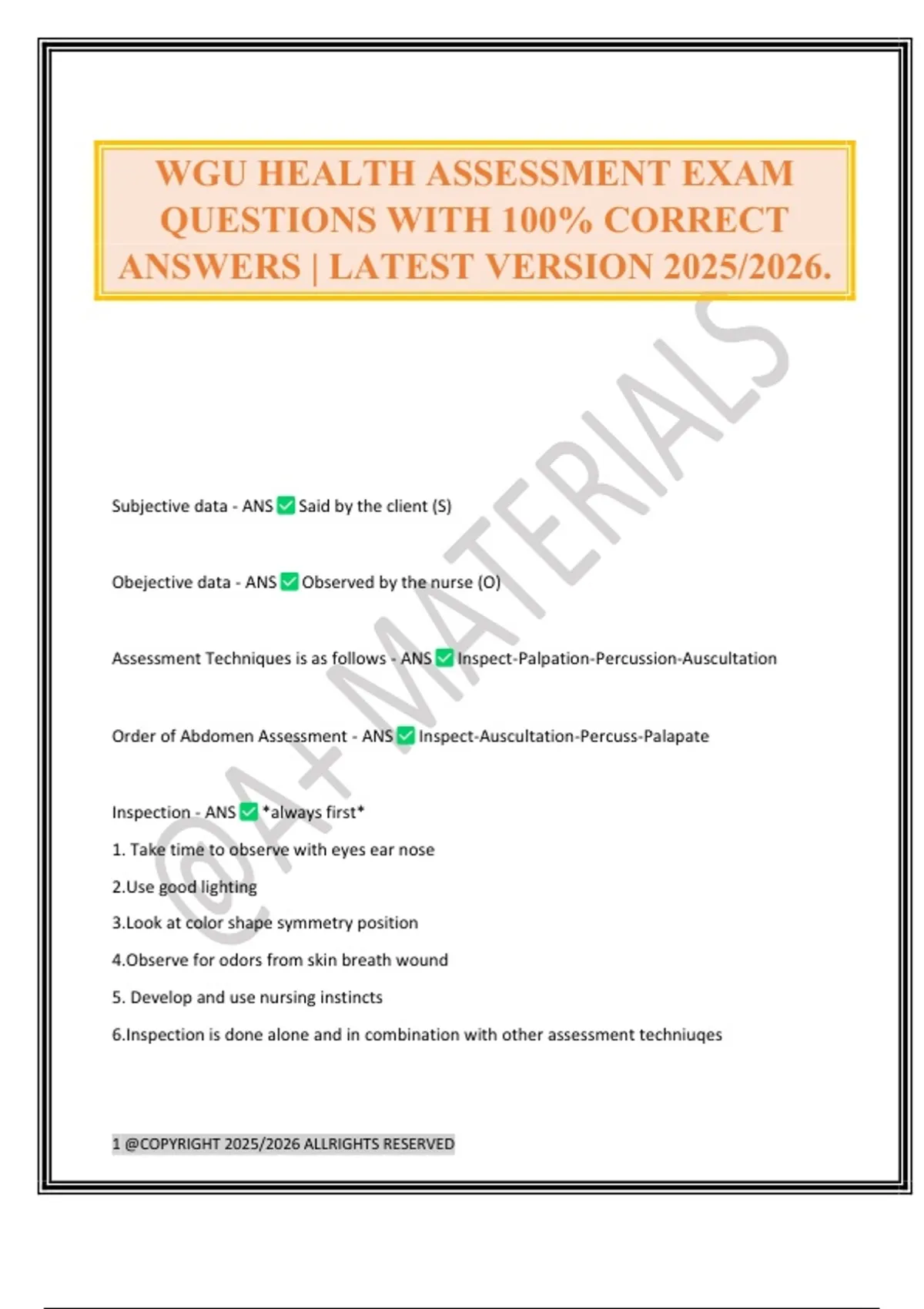 WGU HEALTH ASSESSMENT EXAM QUESTIONS WITH 100% CORRECT ANSWERS | LATEST ...