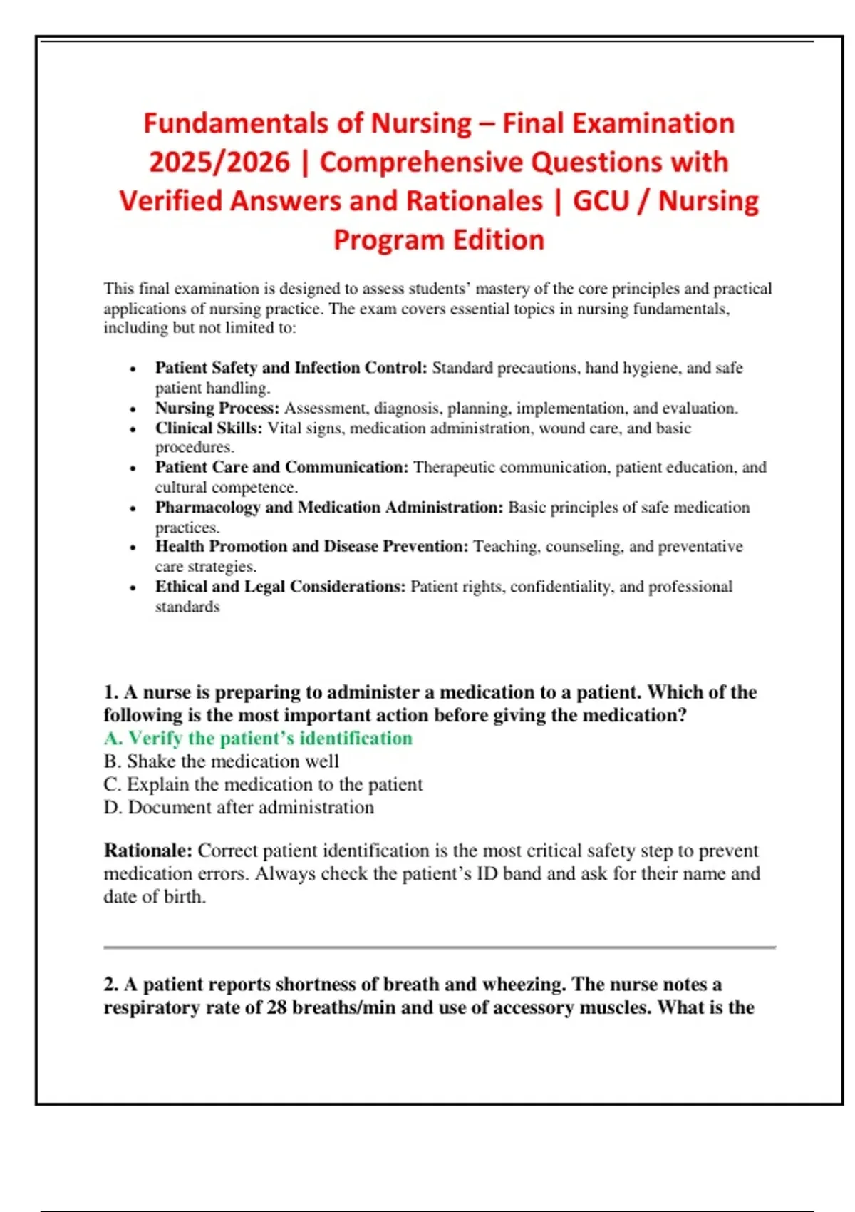 Fundamentals of Nursing – Final Examination | 2025/2026 | Comprehensive ...