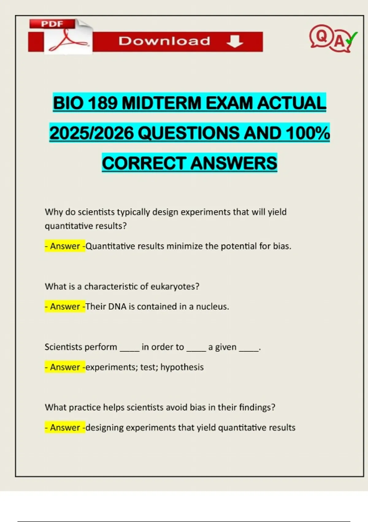 BIO 189 MIDTERM EXAM ACTUAL 2025/2026 QUESTIONS AND 100% CORRECT ...