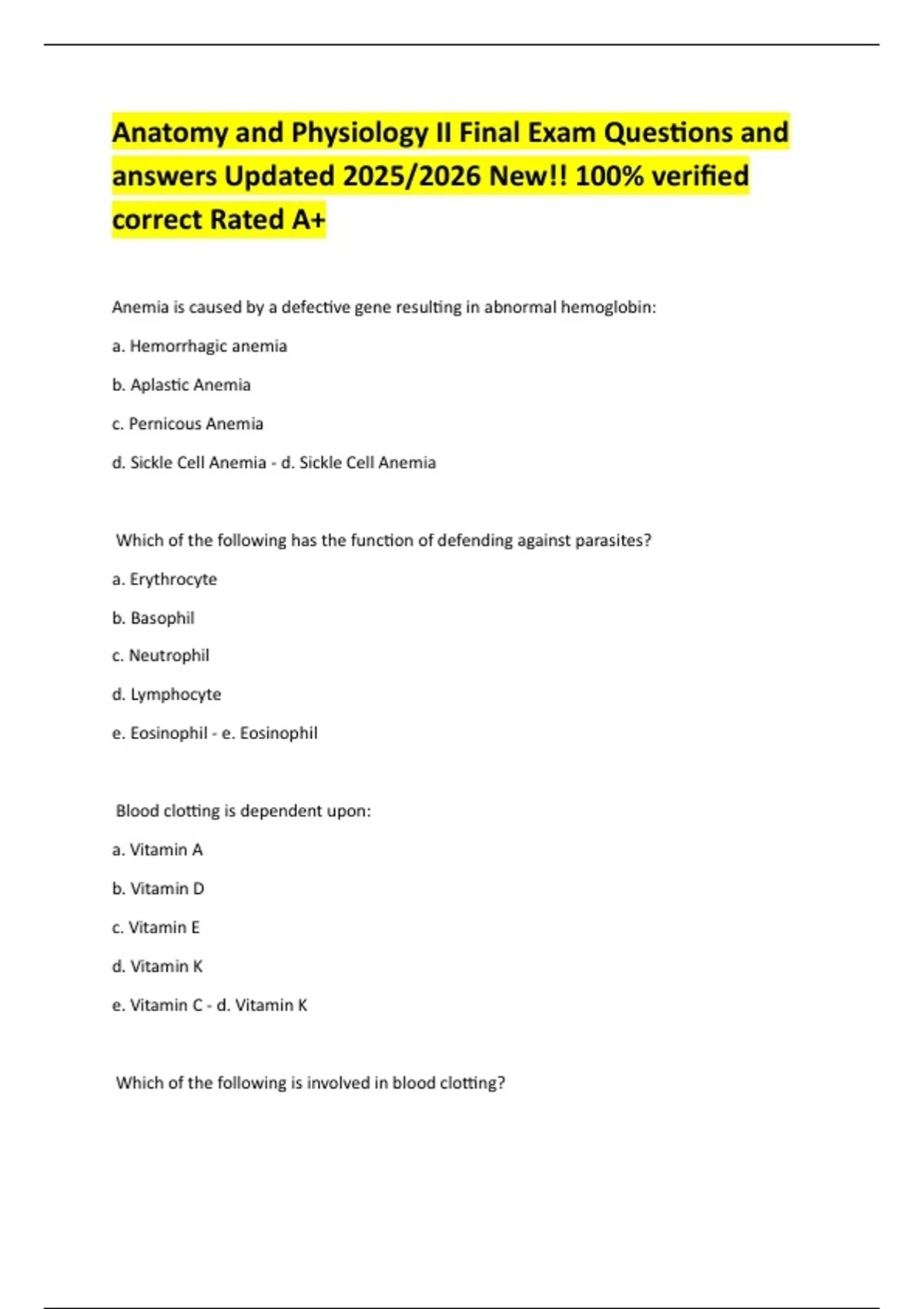 Anatomy and Physiology II Final Exam Questions and answers Updated 2025 ...