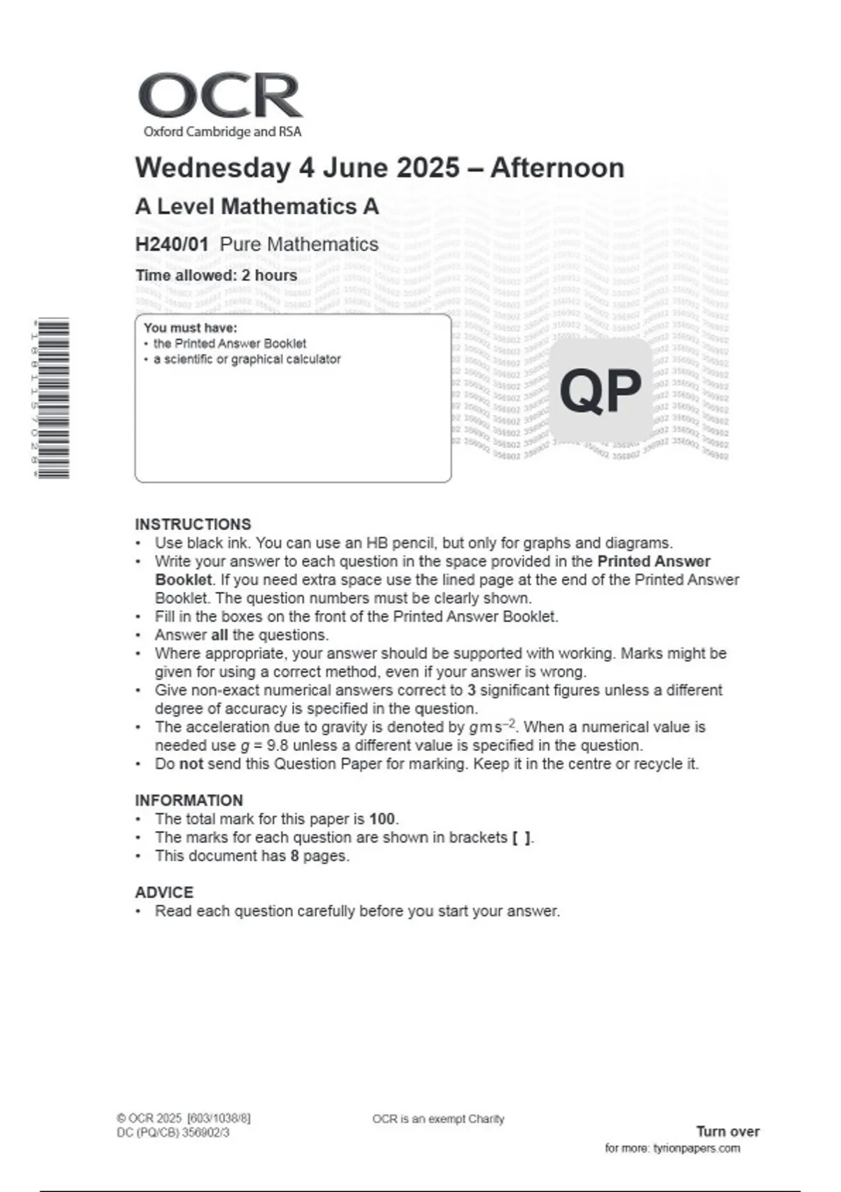 OCR A LEVEL Mathematics A H240/01 JUNE 2025 QUESTION PAPER: Pure ...