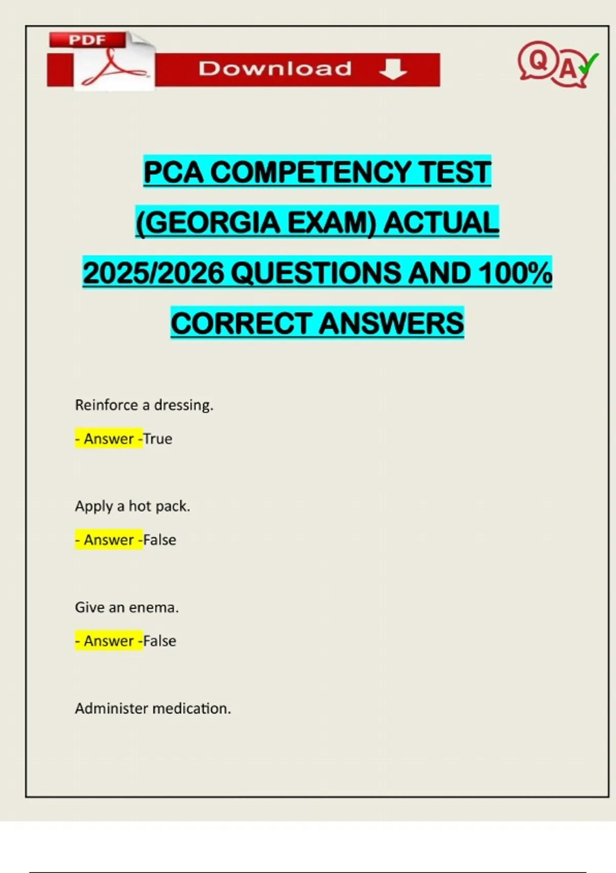 PCA COMPETENCY TEST (GEORGIA EXAM) ACTUAL 2025/2026 QUESTIONS AND 100% ...