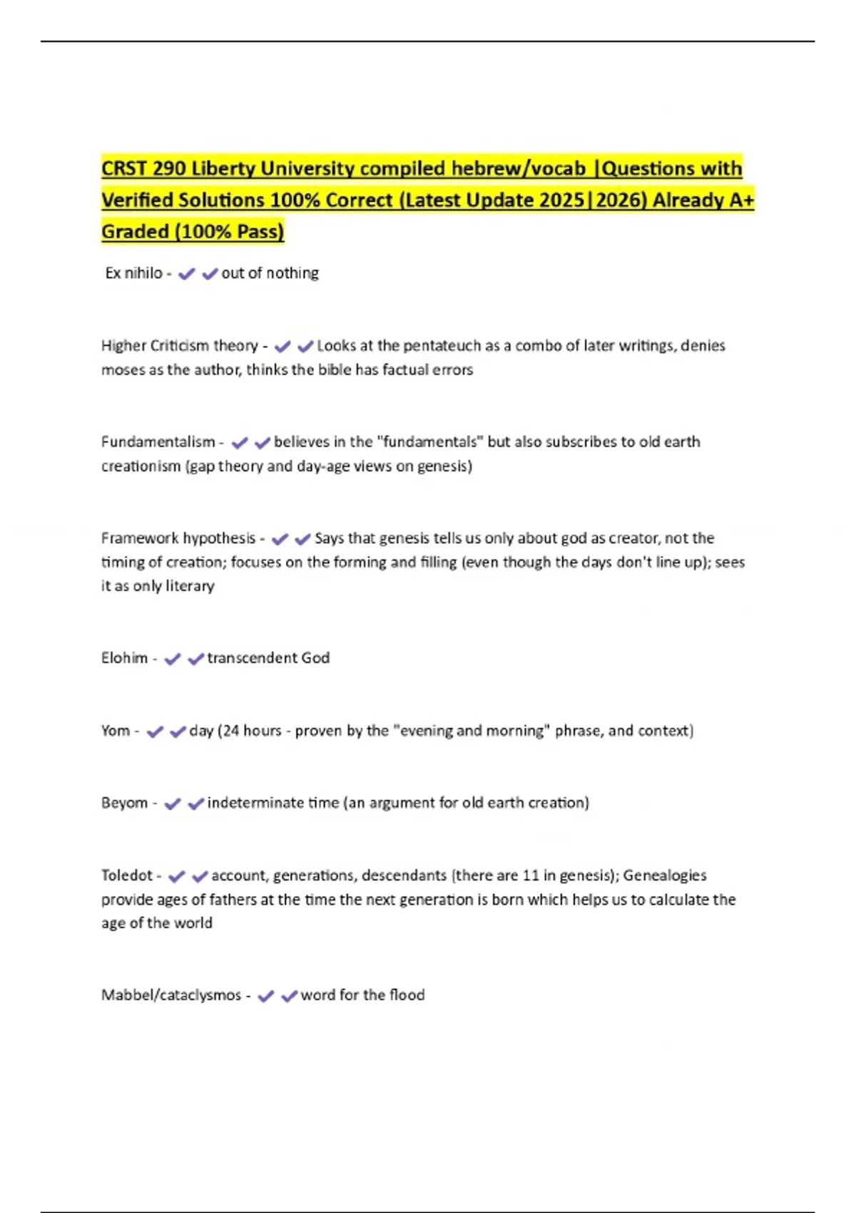 CRST 290 Liberty University compiled hebrew/vocab |Questions with ...