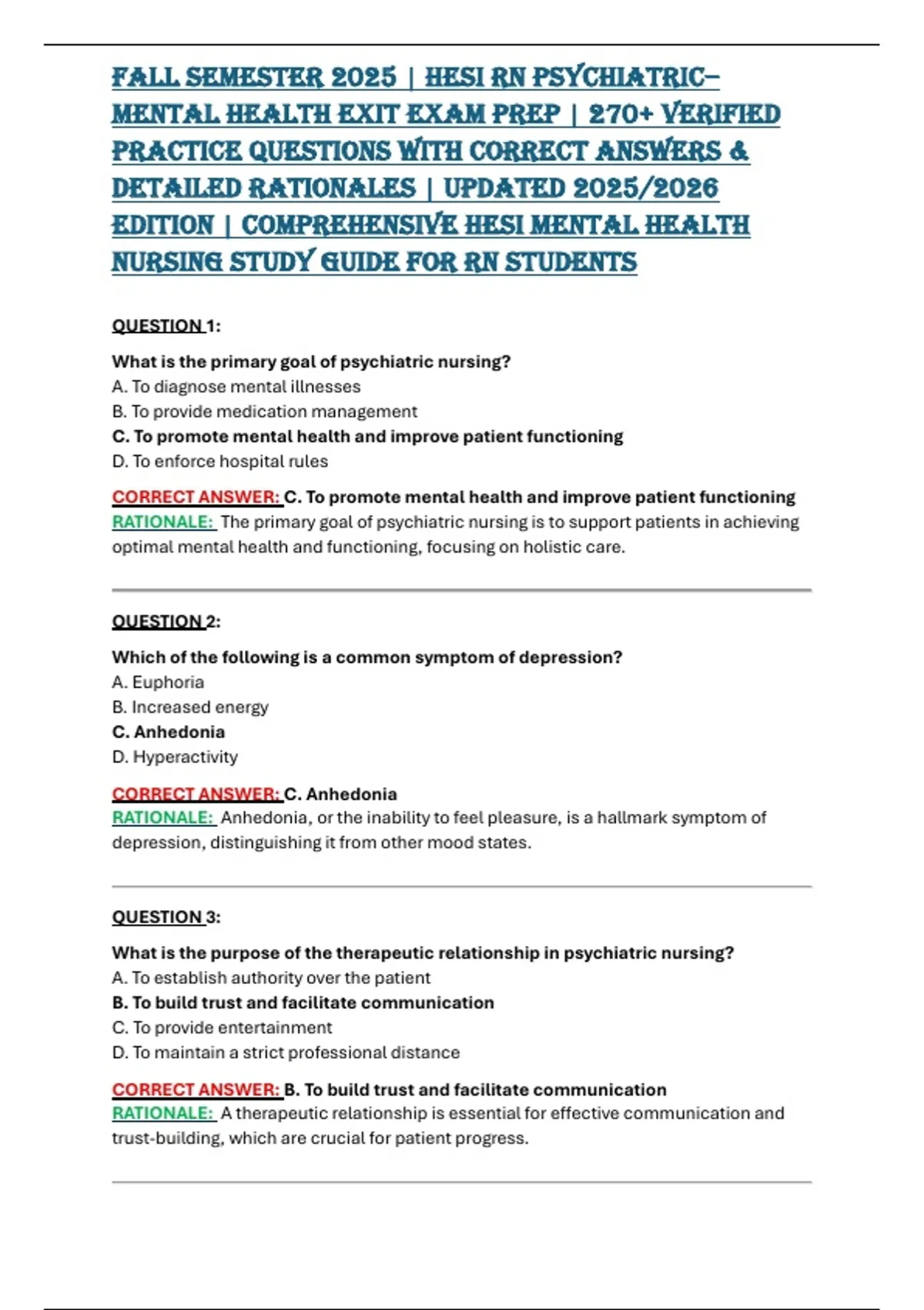 Fall Semester 2025 | HESI RN Psychiatric–Mental Health Exit Exam Prep ...