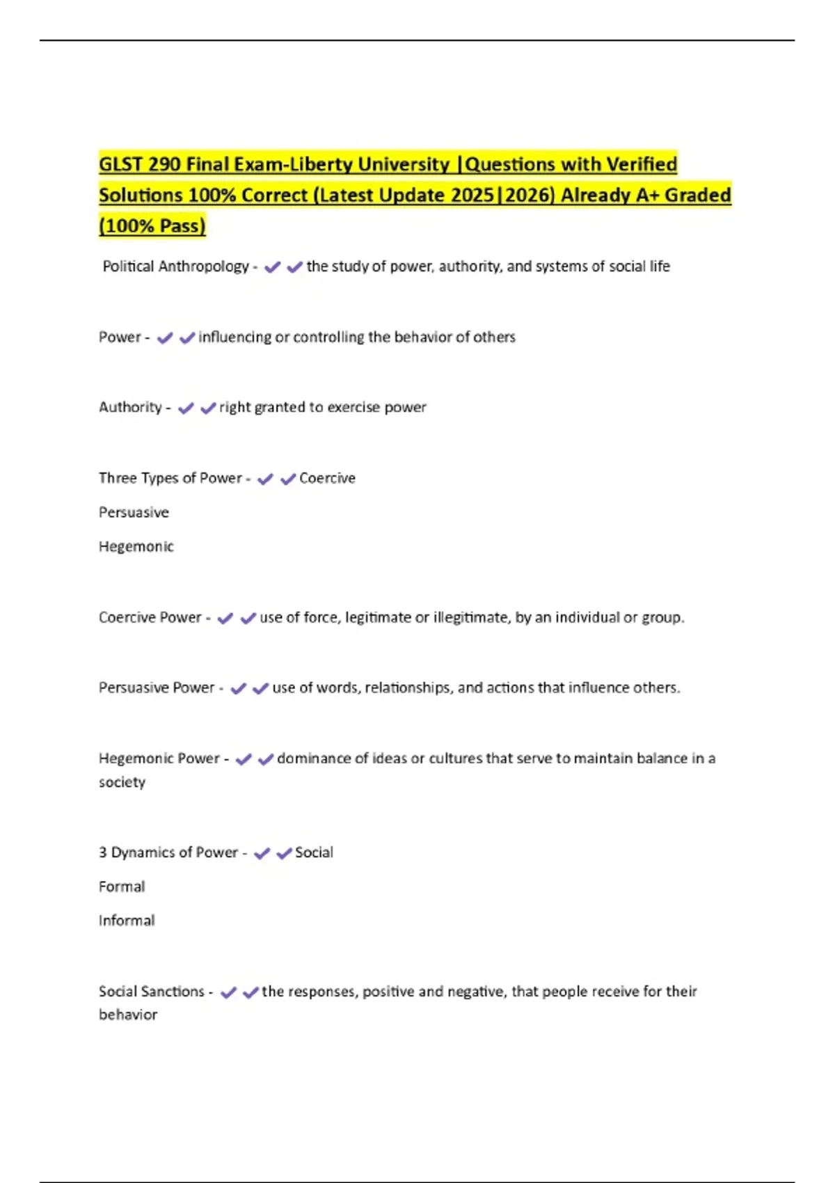 Liberty university GLST 290 Exams Bundles with Verified Solutions 100% ...