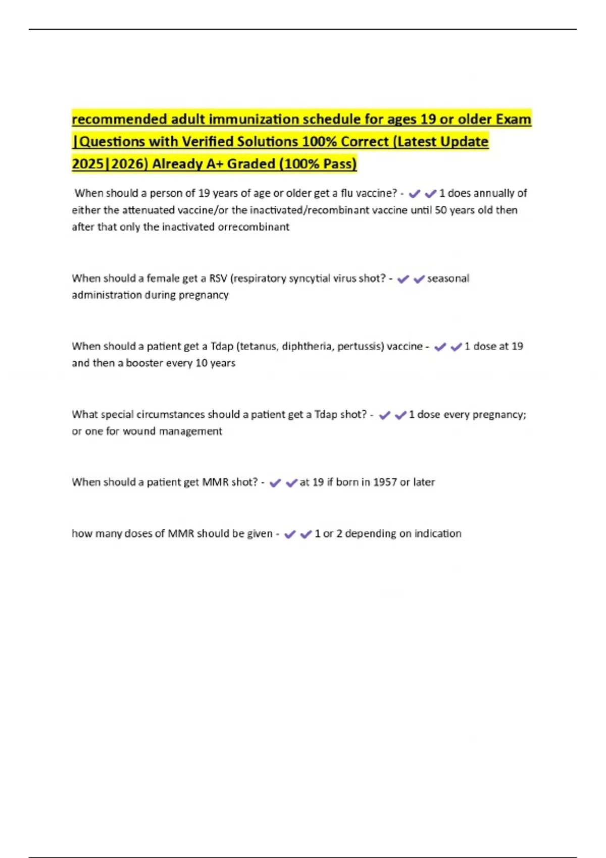 recommended adult immunization schedule for ages 19 or older Exam ...