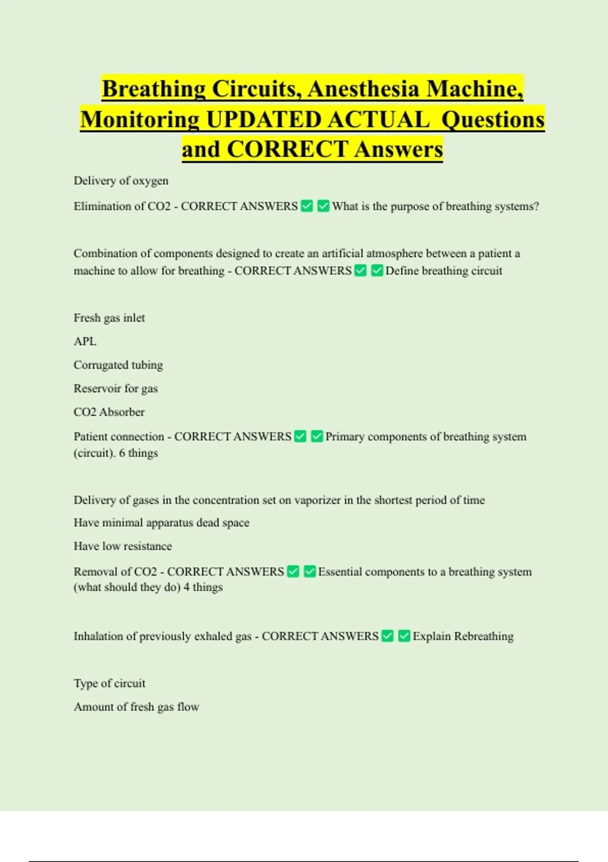 Breathing Circuits, Anesthesia Machine, Monitoring UPDATED ACTUAL ...
