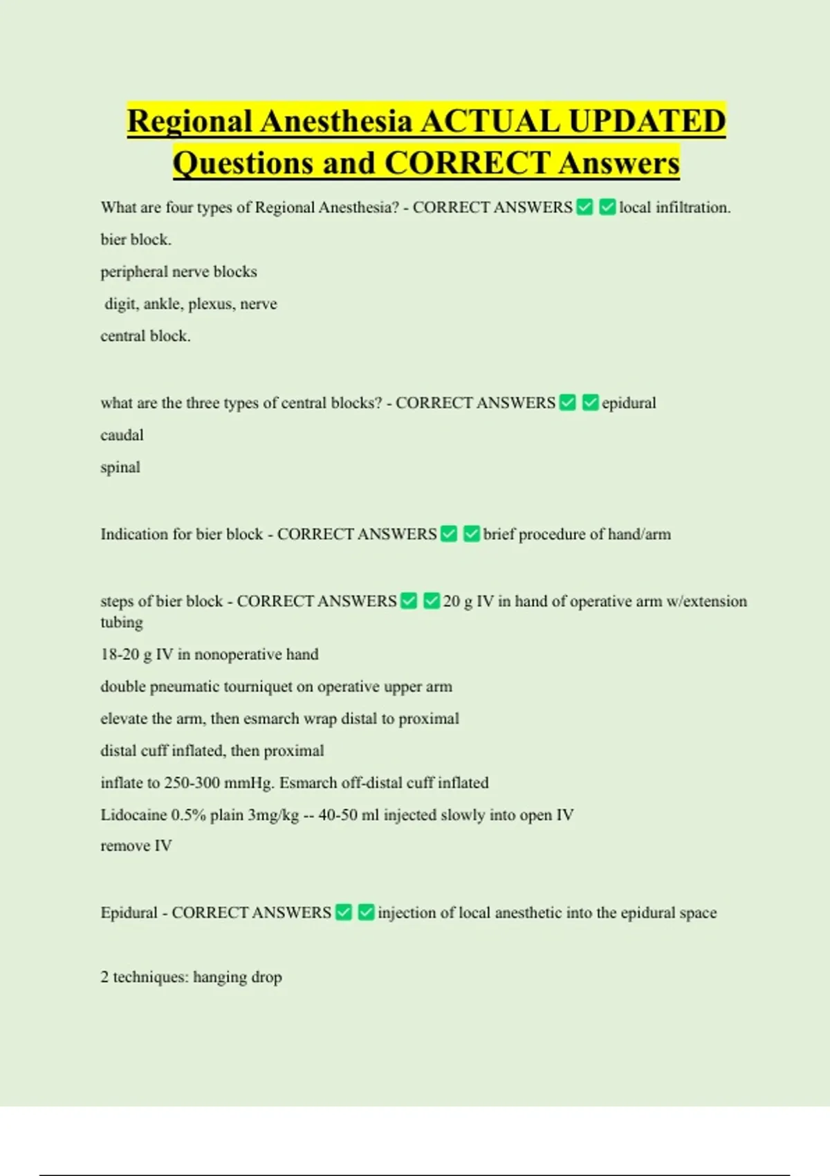 Regional Anesthesia ACTUAL UPDATED Questions and CORRECT Answers ...