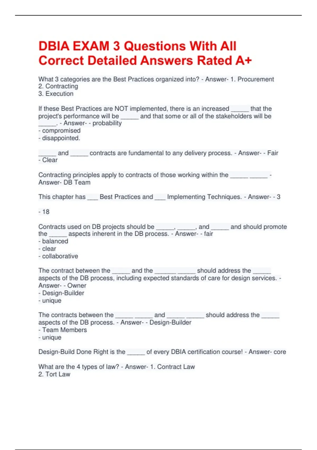 DBIA Principles of Design-Build and Post Award & Contracts Exam A+ Pass ...