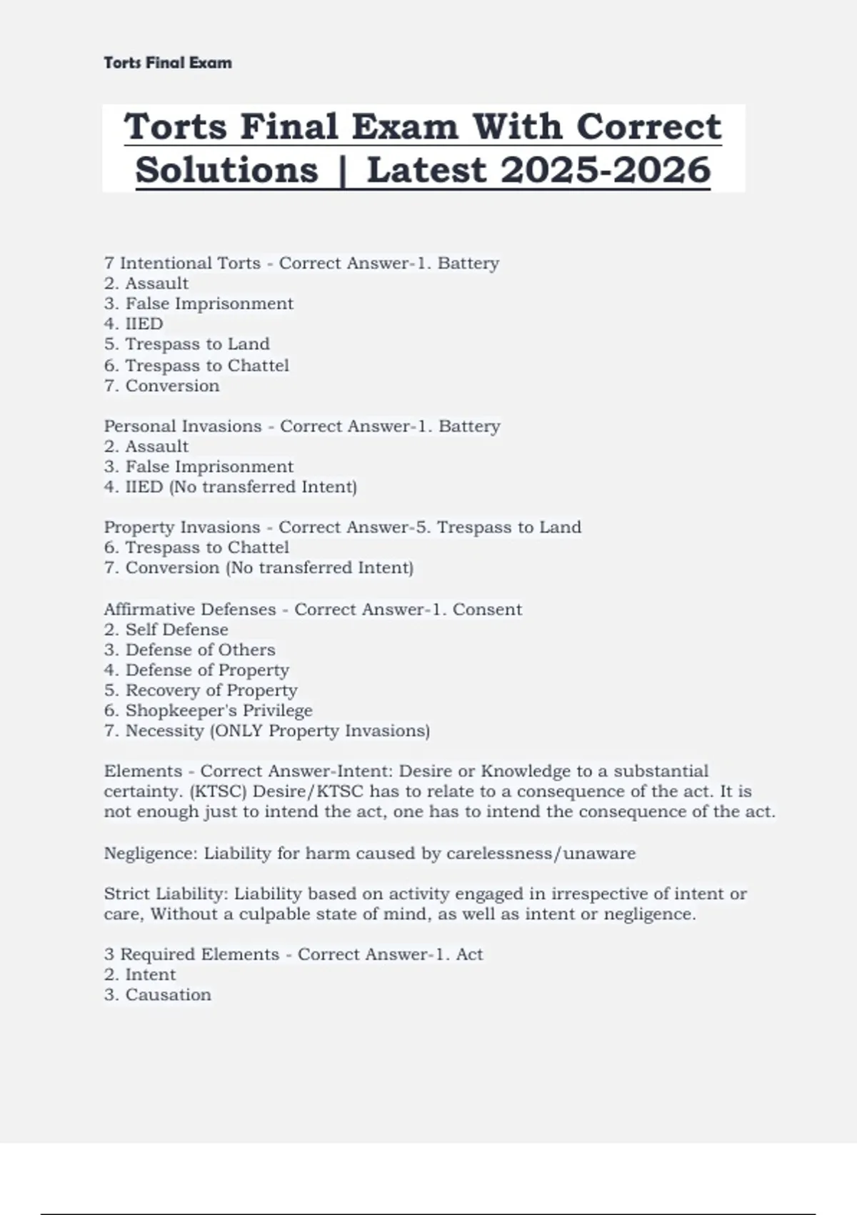 Torts Final Exam With Correct Solutions | Latest - Torts Fi - Stuvia US