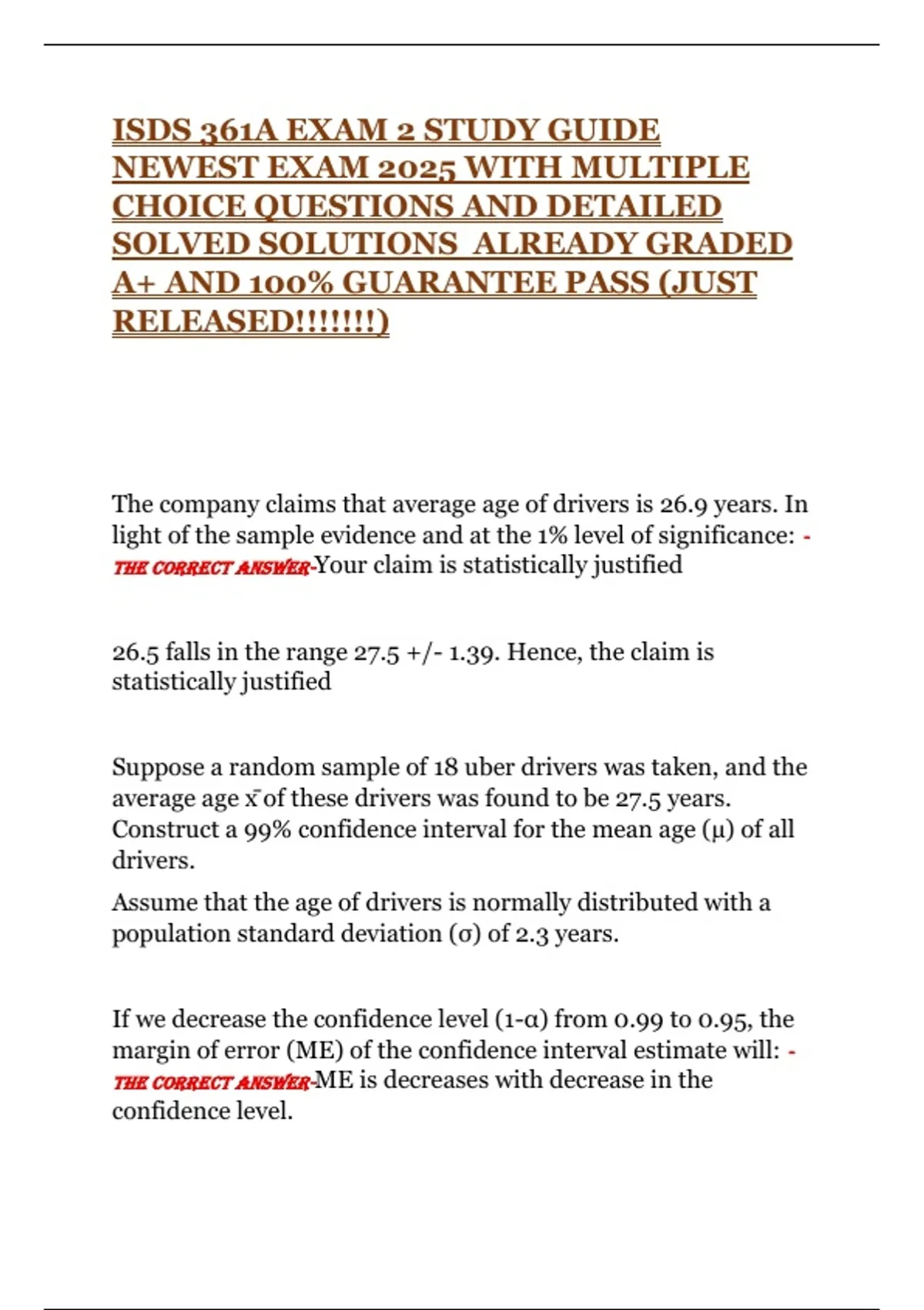 ISDS 361A EXAM 2 STUDY GUIDE NEWEST EXAM 2025 WITH MULTIPLE CHOICE QUESTIONS AND DETAILED SOLVED ...