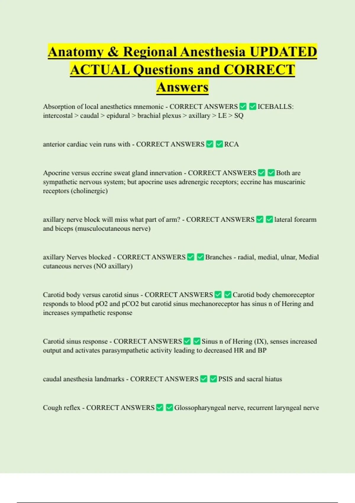 Anatomy & Regional Anesthesia UPDATED ACTUAL Questions and CORRECT ...