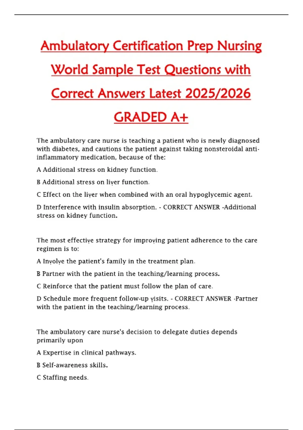 Ambulatory Certification Prep Nursing World Sample Test Questions with ...