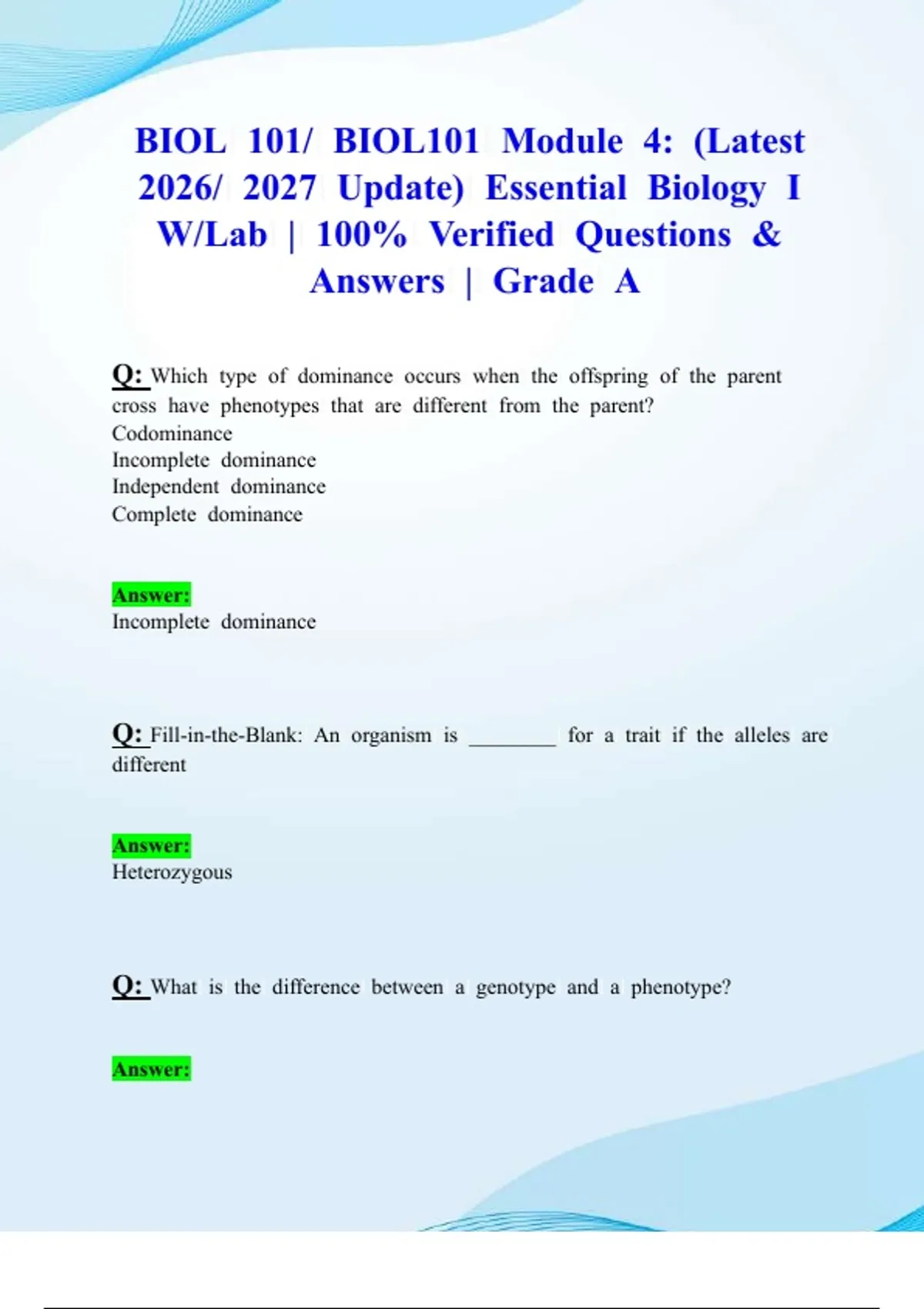 BIOL 101/ BIOL101 Module 4: (Latest 2026/ 2027 Update) Essential ...