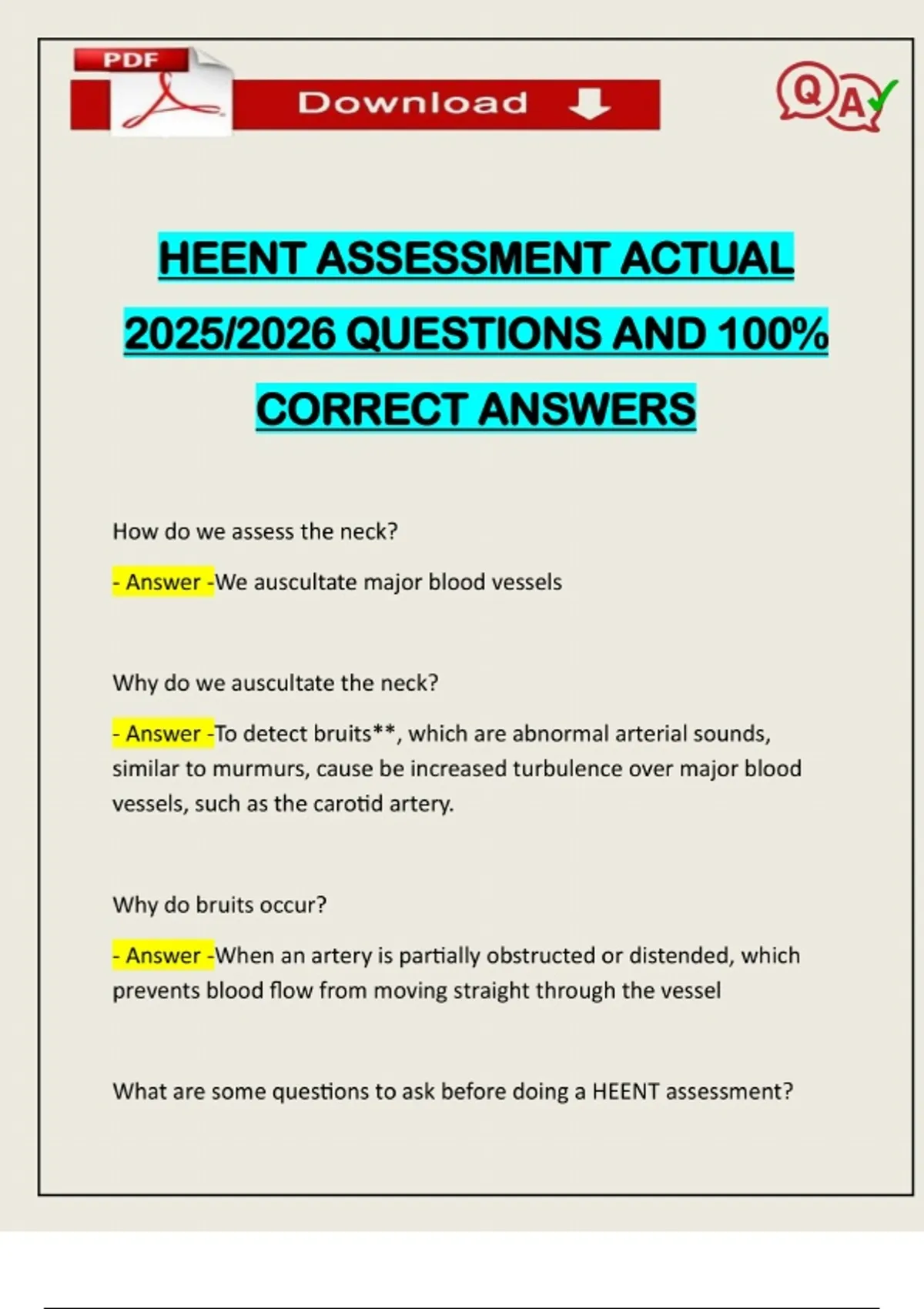 HEENT ASSESSMENT ACTUAL 2025/2026 QUESTIONS AND 100% CORRECT ANSWERS ...