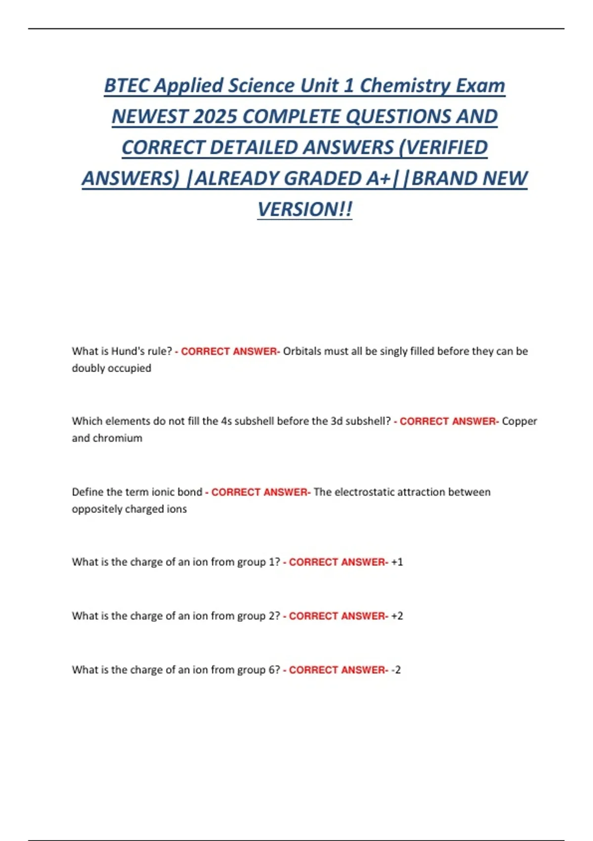 BTEC Applied Science Unit 1 Chemistry Exam | Principles and ...