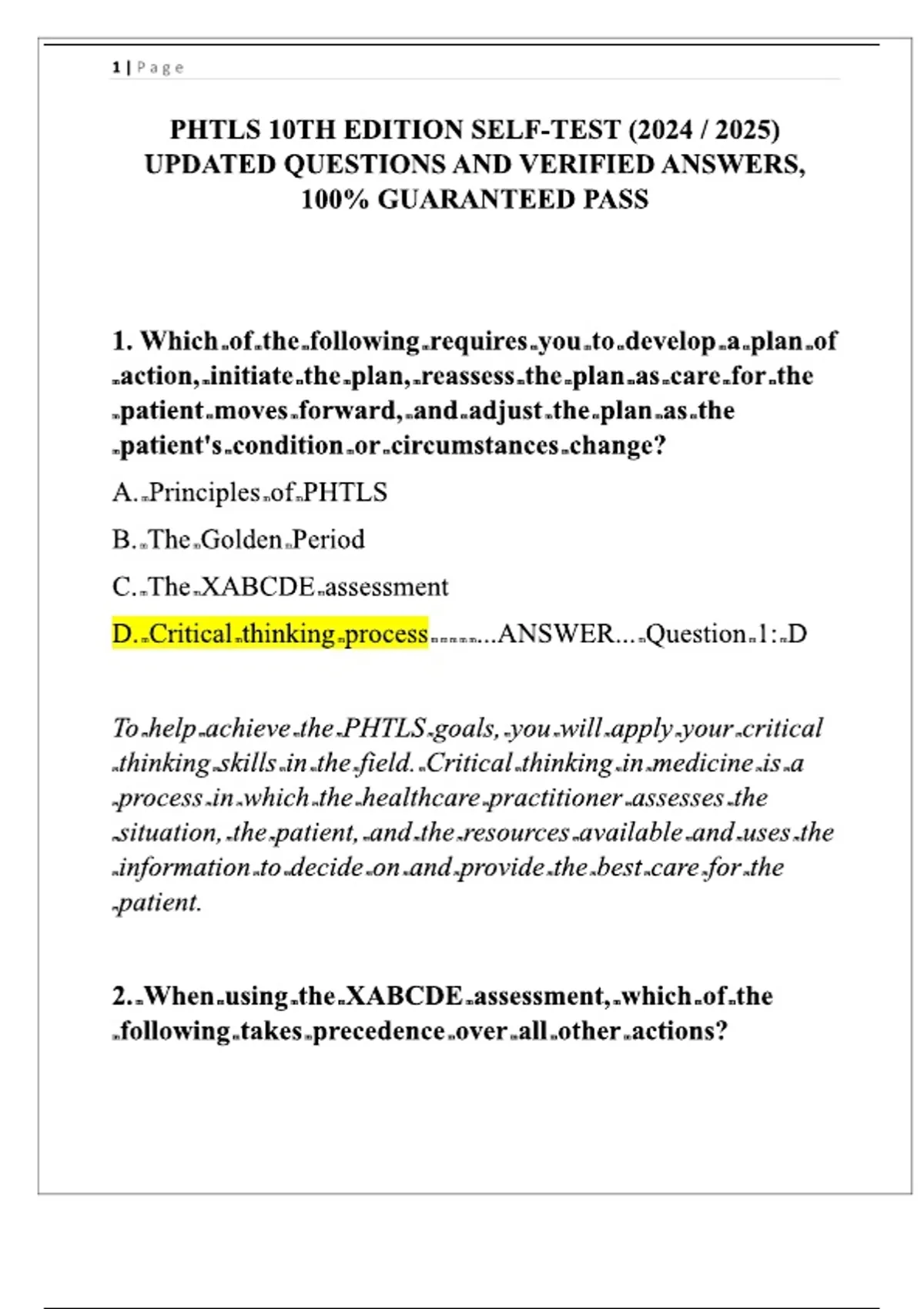 PHTLS 10th Edition Self-Test & Exam Questions with Verified Answers ...