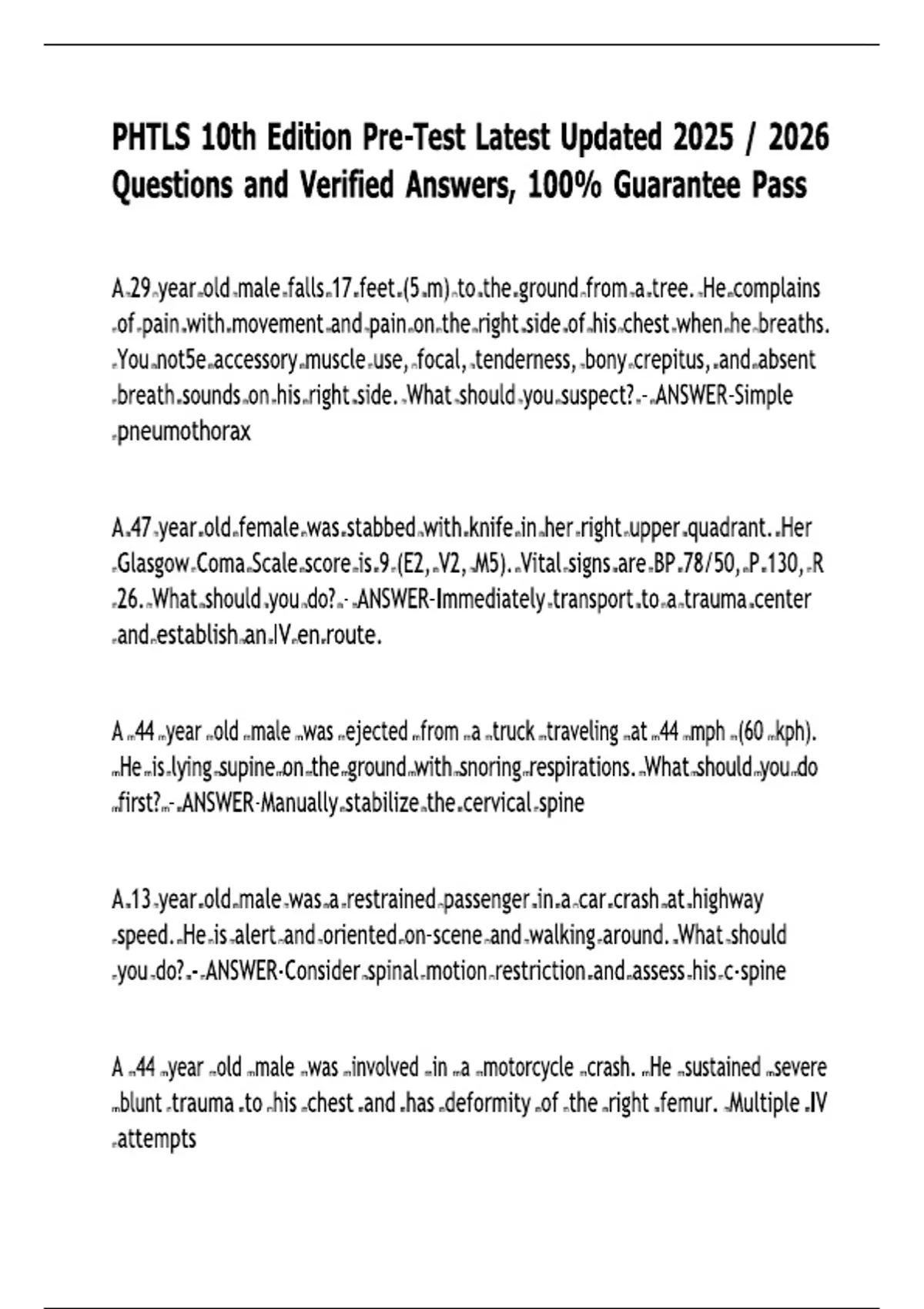 PHTLS 10th Edition Pre-Test & Exam Questions with Verified Answers ...