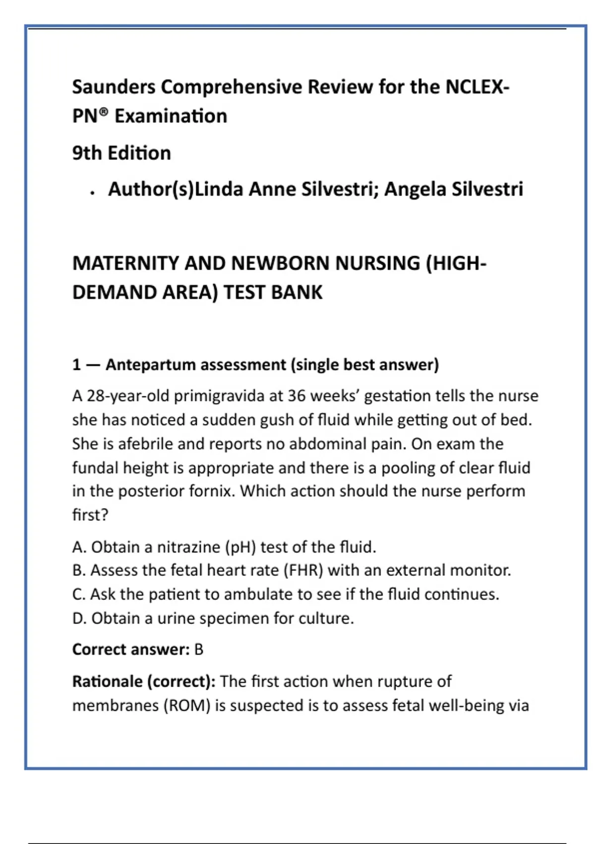 Saunders NCLEX-RN Maternity & Newborn Test Bank | 2025 NCLEX Prep | 20 ...