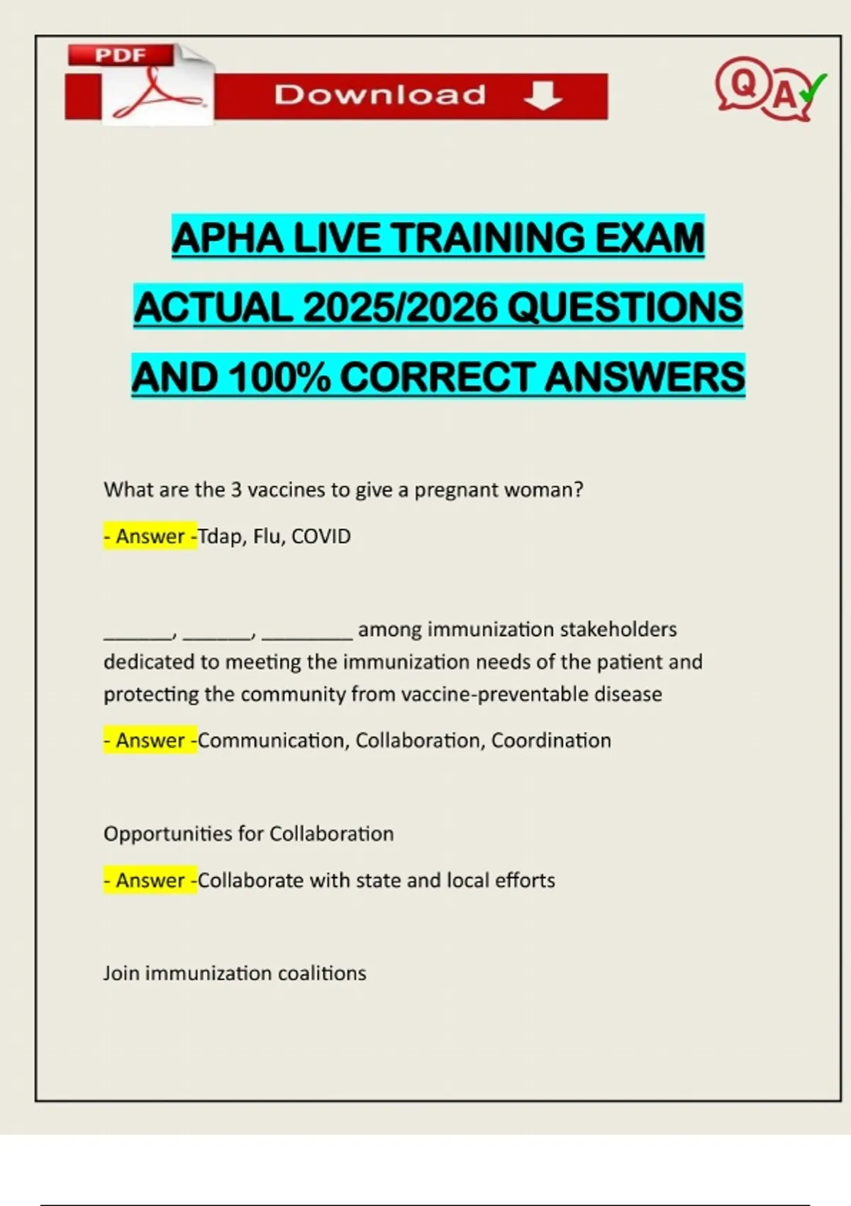 APHA LIVE TRAINING EXAM ACTUAL 2025/2026 QUESTIONS AND 100% CORRECT ...