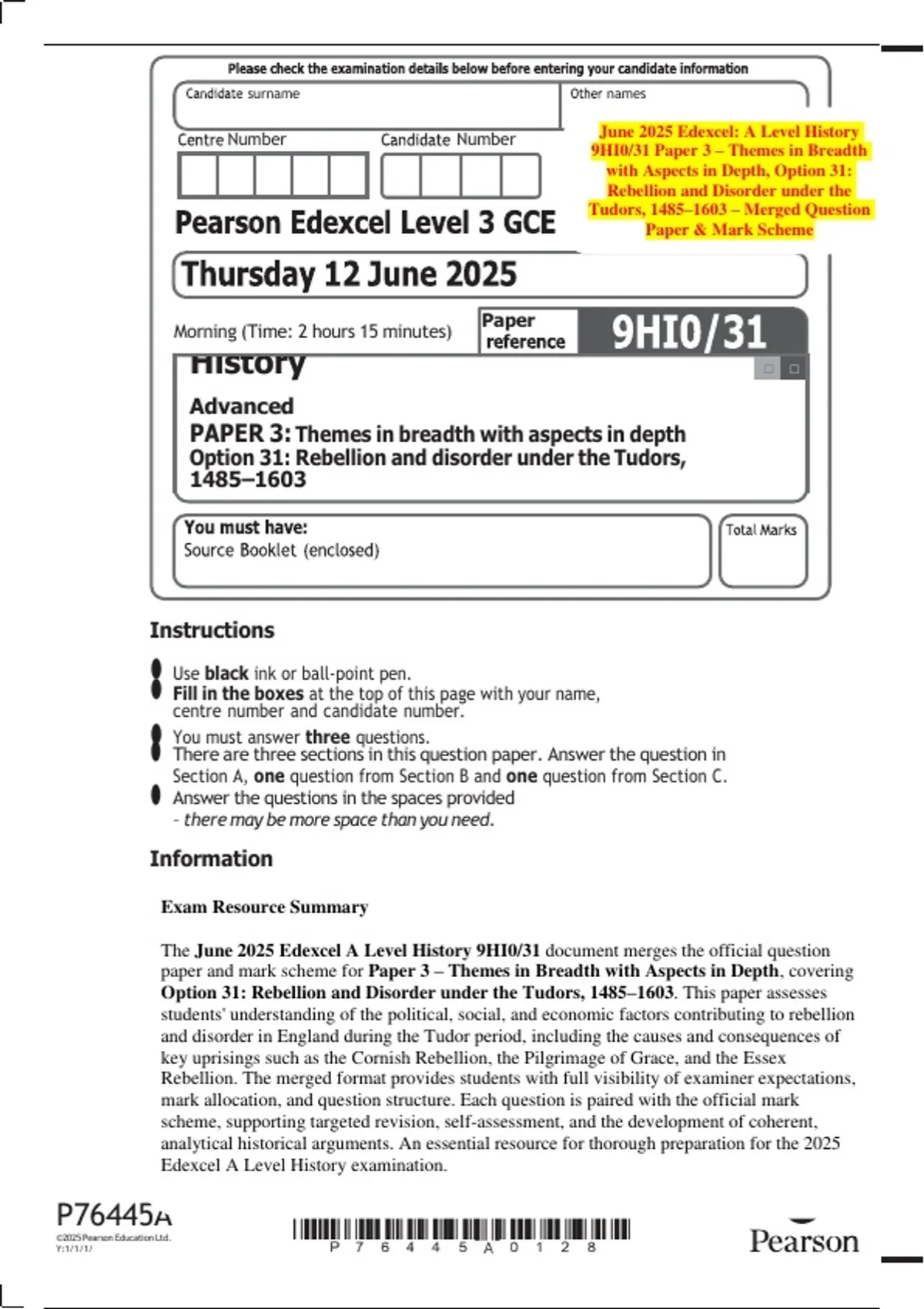 June 2025 Edexcel: A Level History 9HI0/31 Paper 3 – Themes in Breadth ...