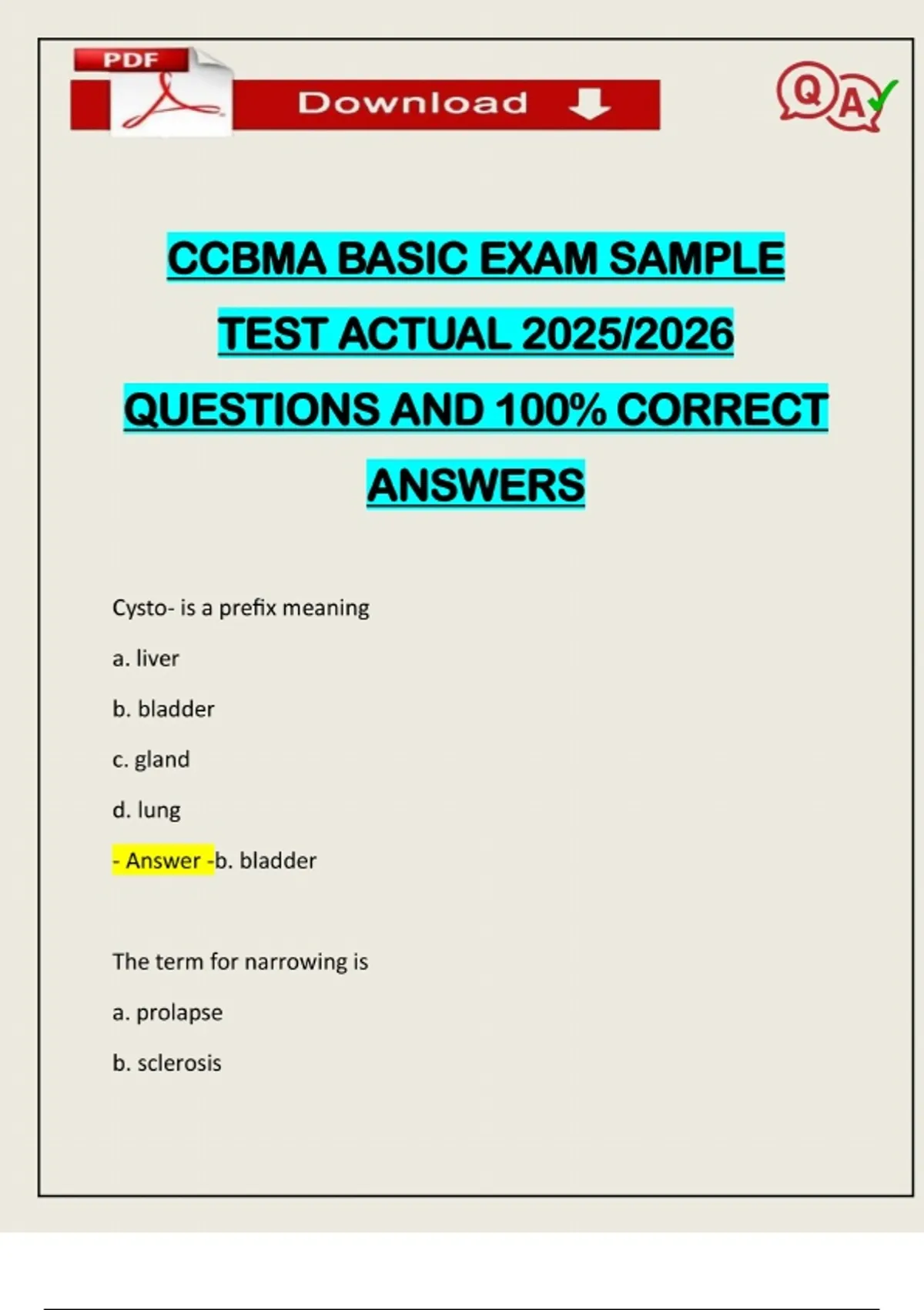 CCBMA BASIC EXAM SAMPLE TEST ACTUAL 2025/2026 QUESTIONS AND 100% ...