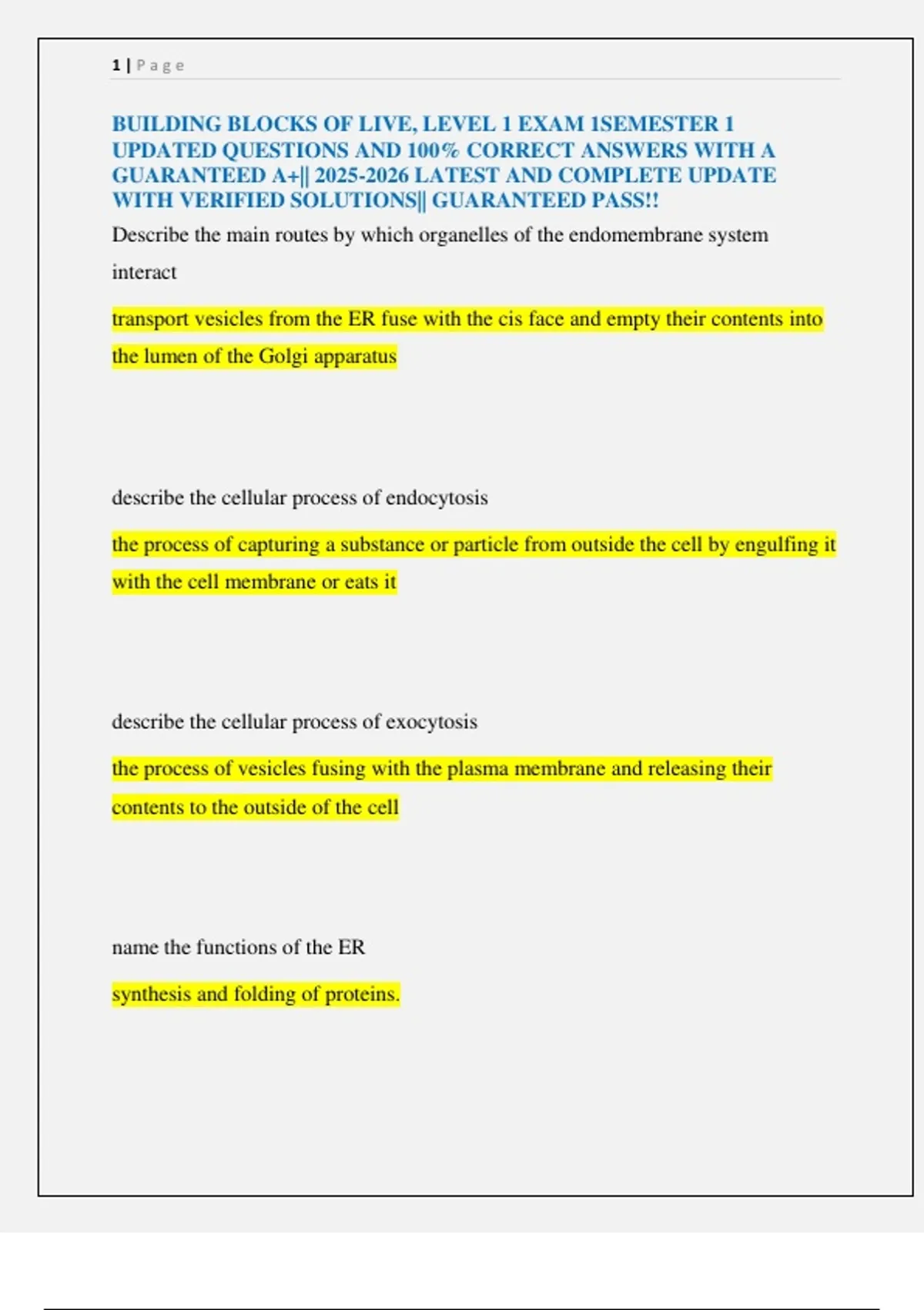 BUILDING BLOCKS OF LIVE, LEVEL 1 EXAM 1SEMESTER 1 UPDATED QUESTIONS AND ...
