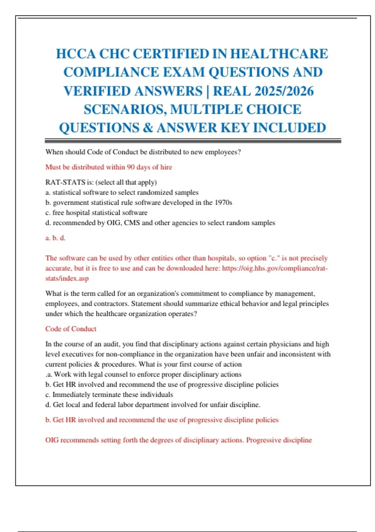 HCCA CHC CERTIFIED IN HEALTHCARE COMPLIANCE EXAM QUESTIONS AND VERIFIED ...