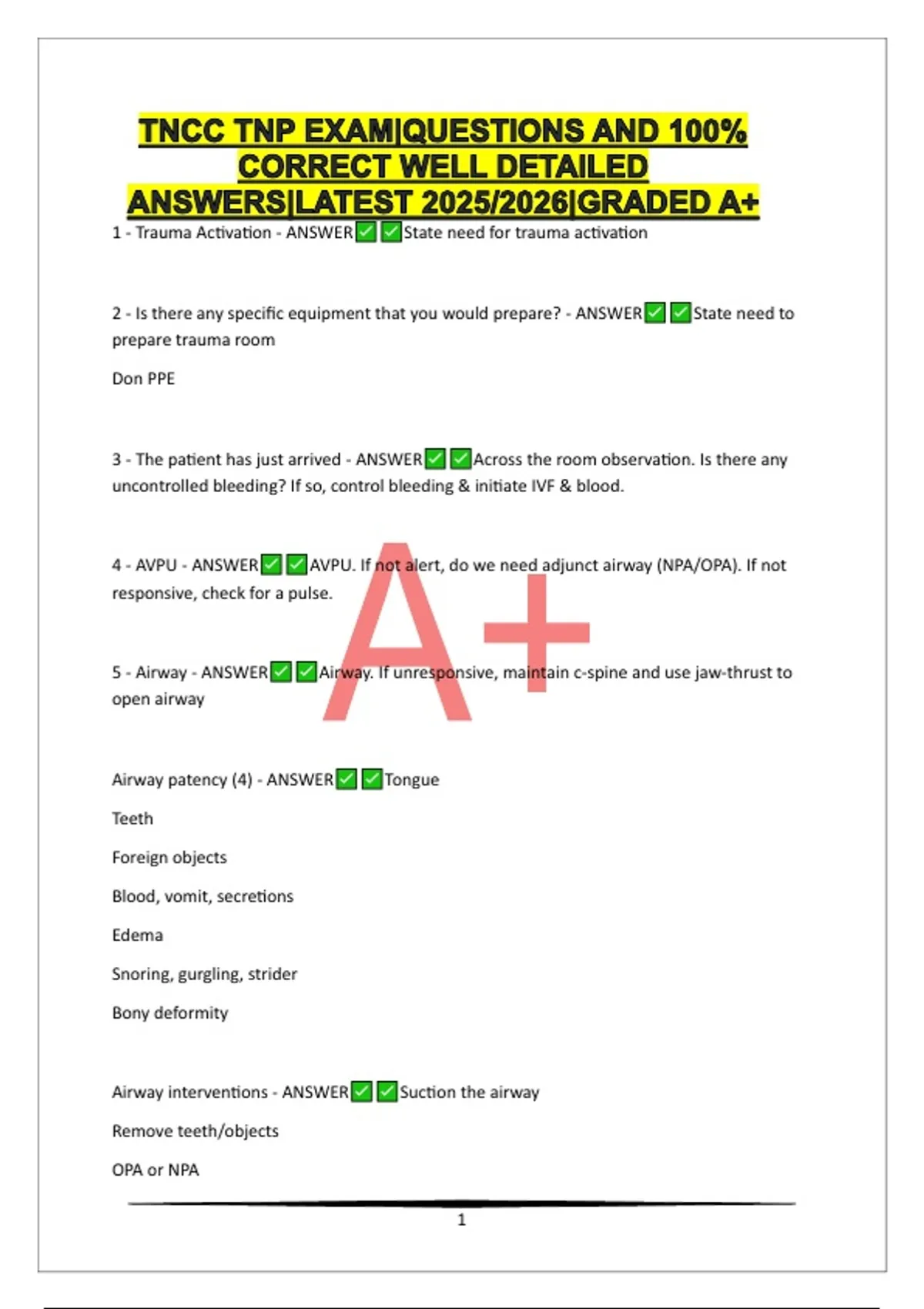 TNCC TNP EXAM|QUESTIONS AND 100% CORRECT WELL DETAILED ANSWERS|LATEST ...