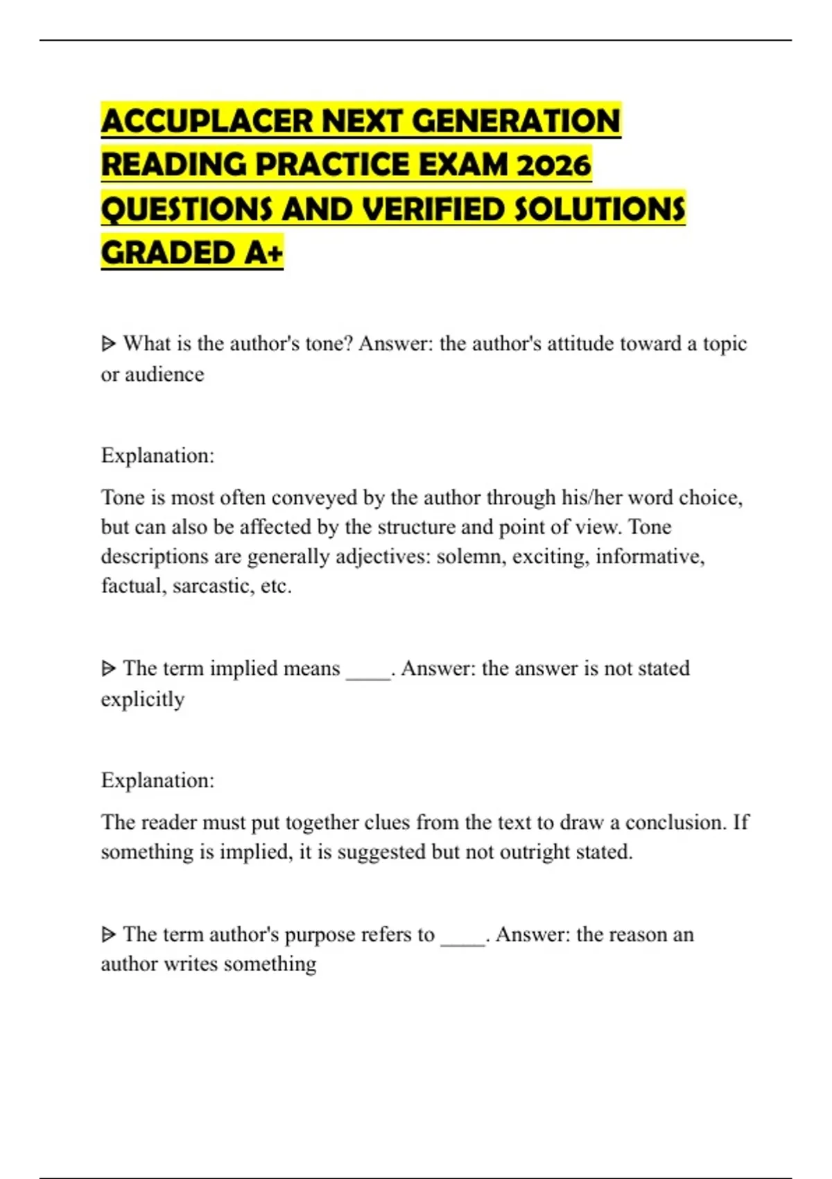 ACCUPLACER NEXT GENERATION READING PRACTICE EXAM 2026 QUESTIONS AND ...
