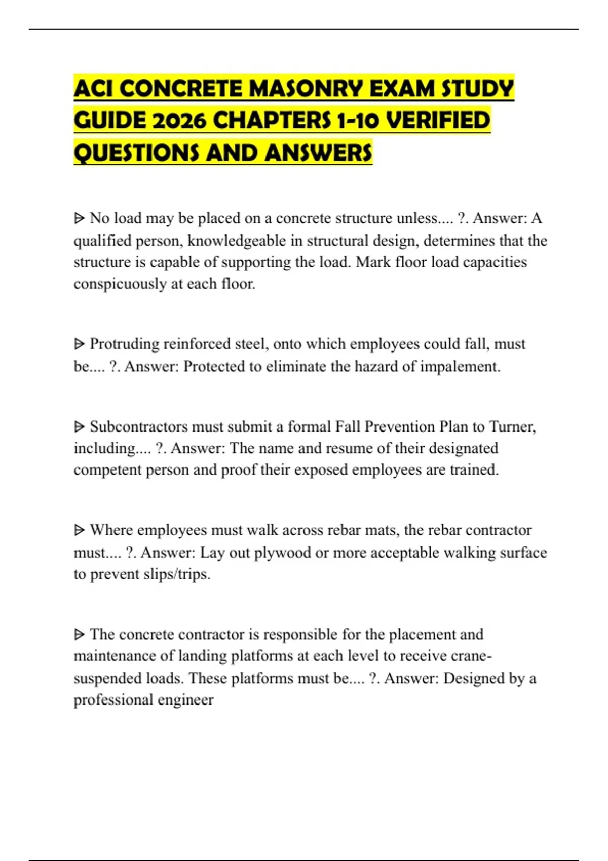 ACI CONCRETE MASONRY EXAM STUDY GUIDE 2026 CHAPTERS 1-10 VERIFIED ...