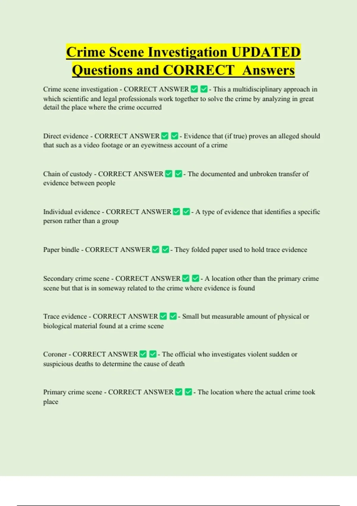Crime Scene Investigation UPDATED Questions and CORRECT Answers - CRIME ...