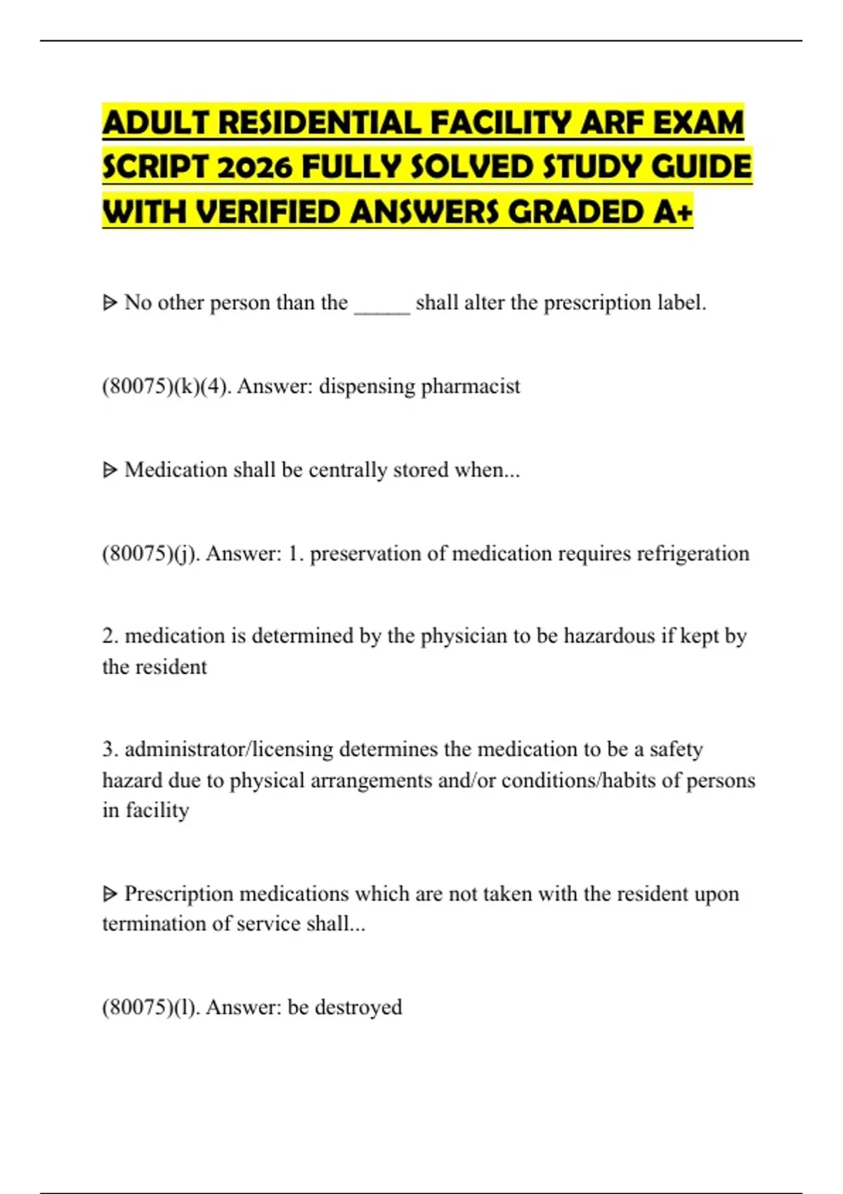 ADULT RESIDENTIAL FACILITY ARF EXAM SCRIPT 2026 FULLY SOLVED STUDY ...