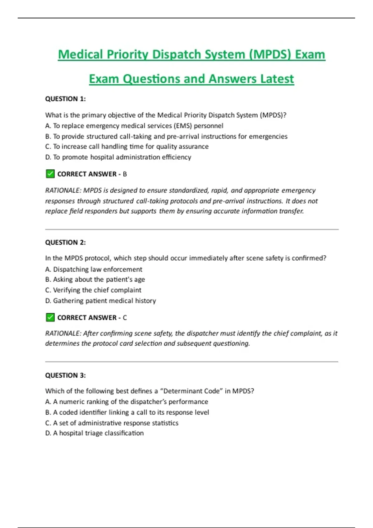 Medical Priority Dispatch System (MPDS) Exam Questions and Answers ...
