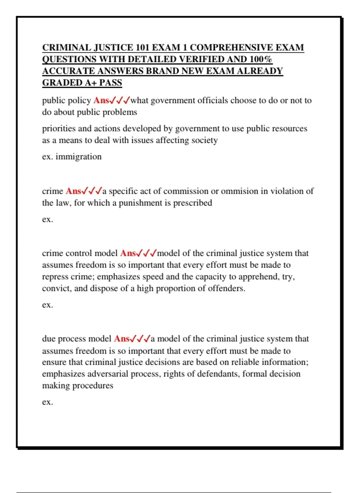 CRIMINAL JUSTICE 101 EXAM 1 COMPREHENSIVE EXAM QUESTIONS WITH DETAILED ...