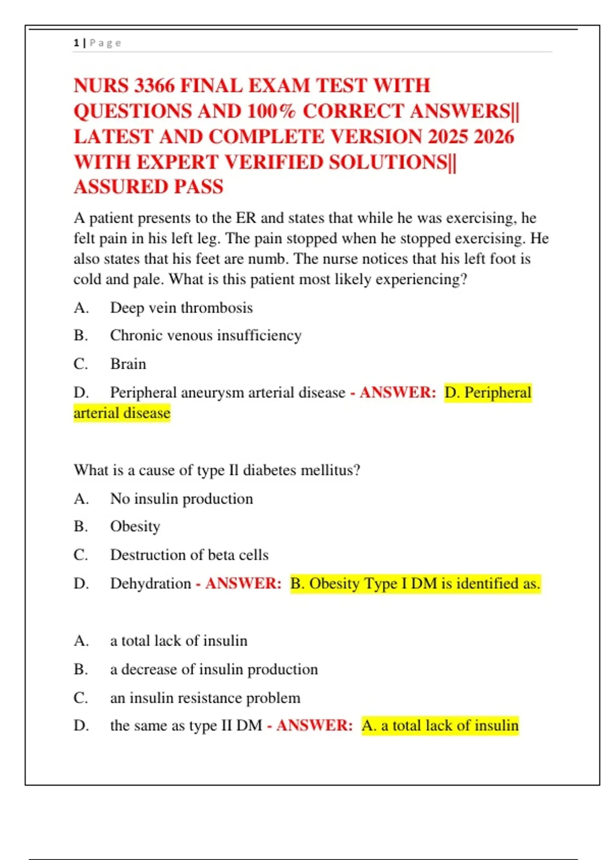 NURS 3366 Final Exam Test With Questions And 100% Correct Answers ...