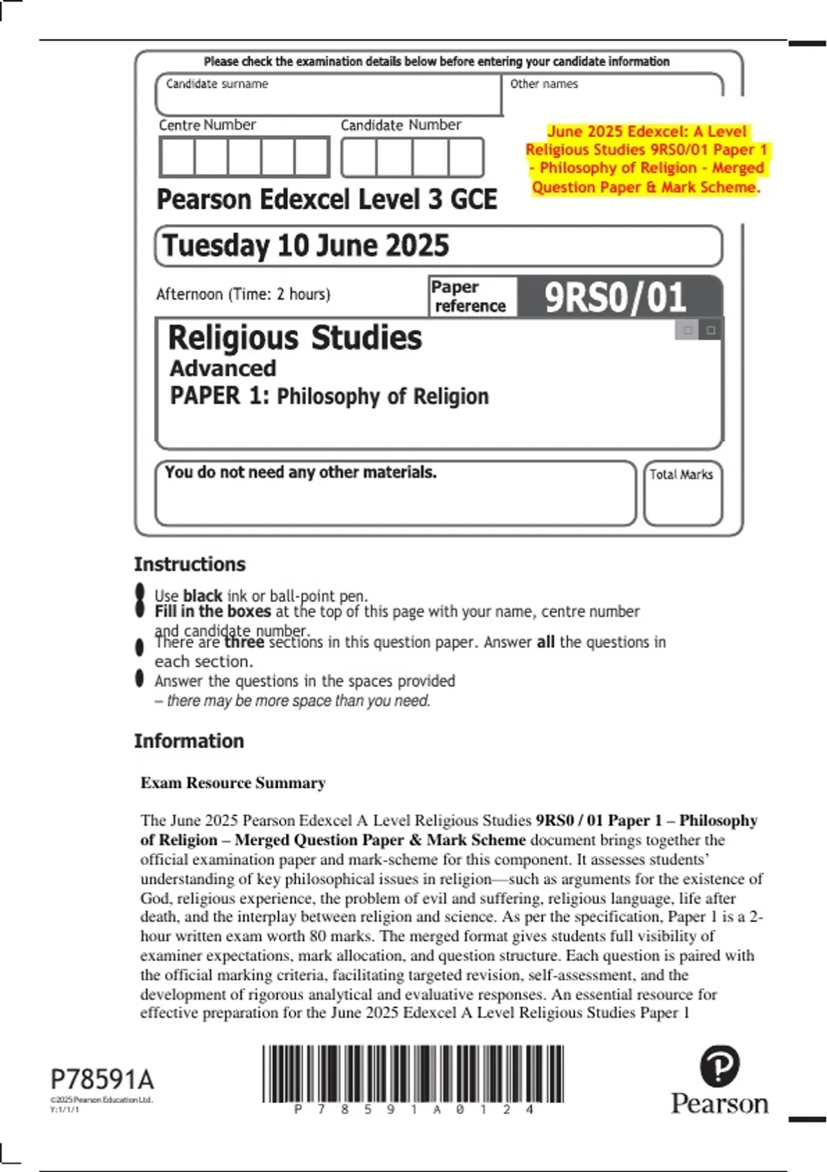 June 2025 Edexcel: A Level Religious Studies 9RS0/01 Paper 1 ...