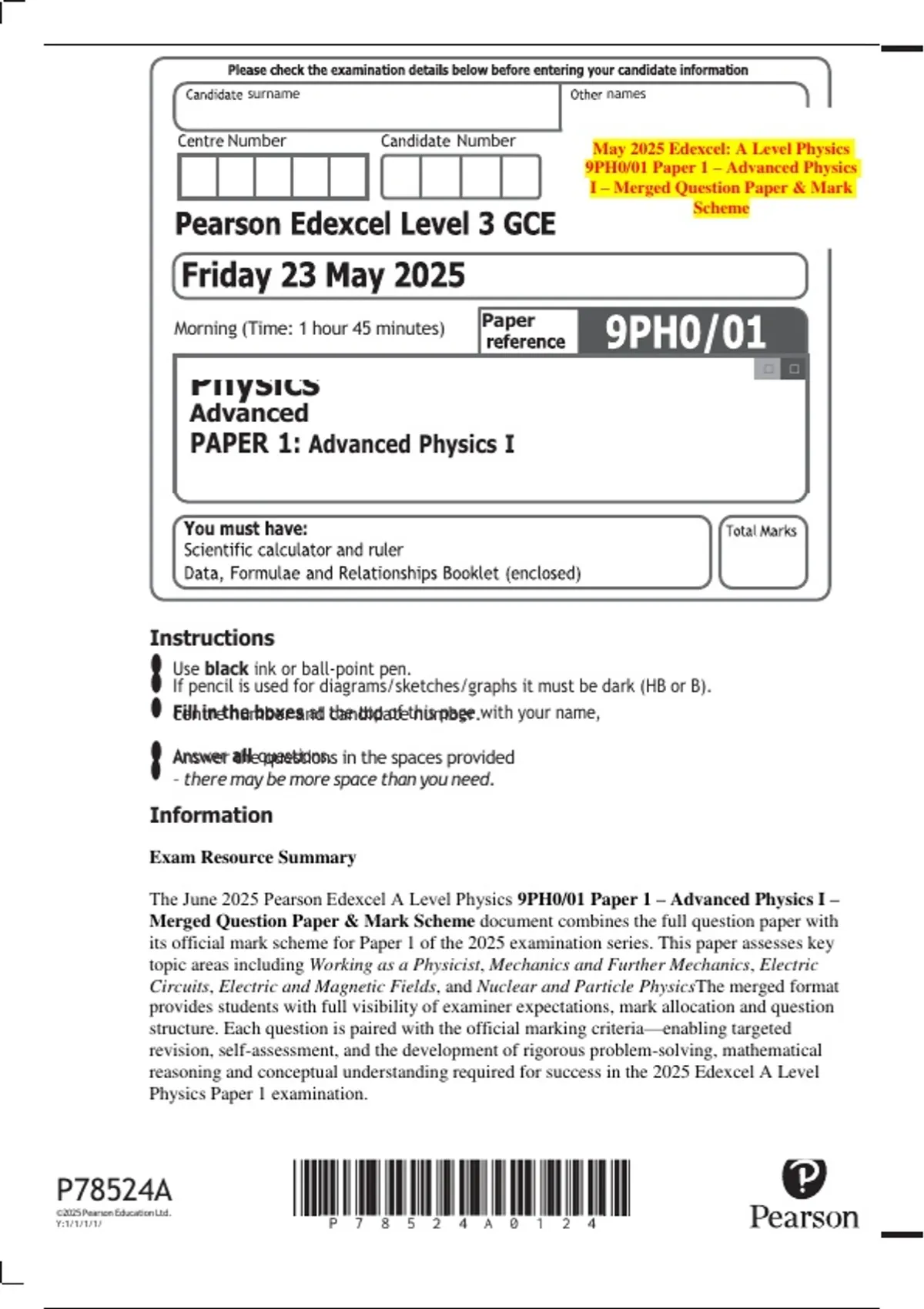 May 2025 Edexcel: A Level Physics 9PH0/01 Paper 1 – Advanced Physics I ...