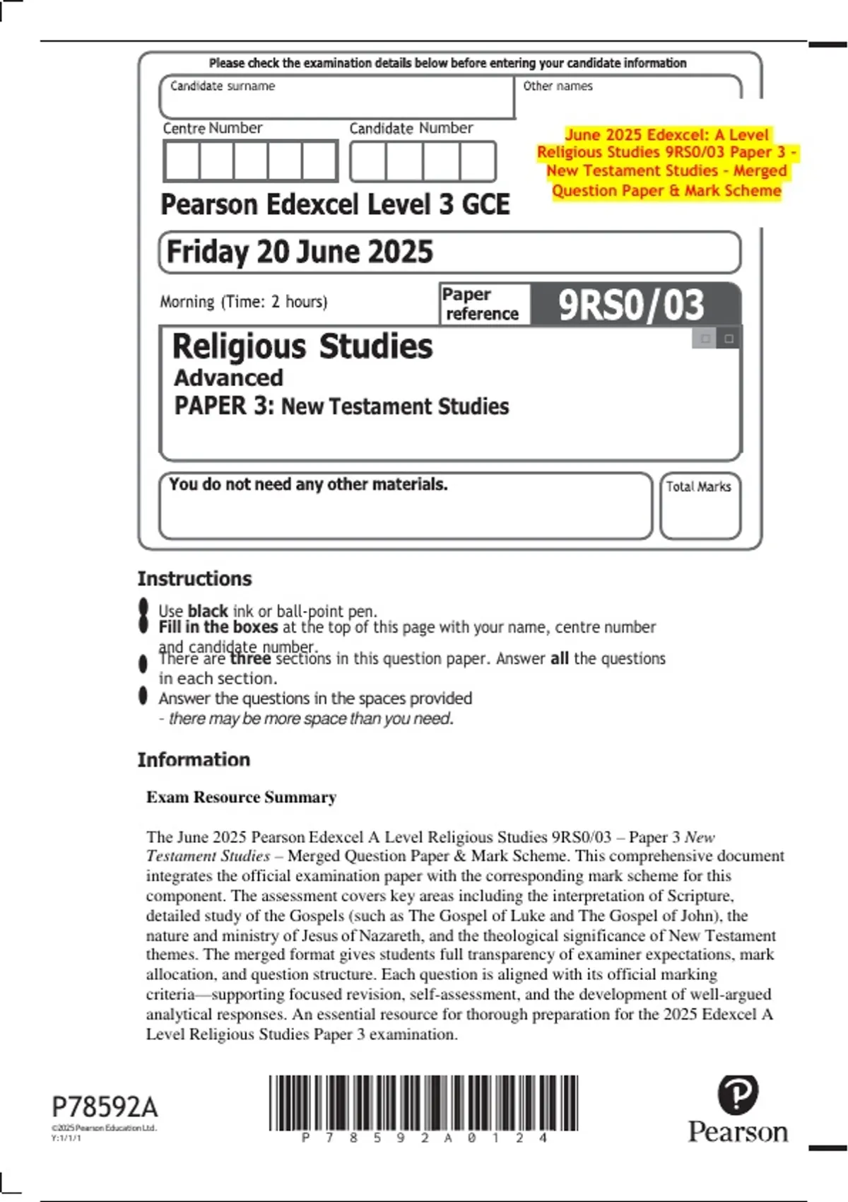 June 2025 Edexcel: A Level Religious Studies 9RS0/03 Paper 3 – New ...