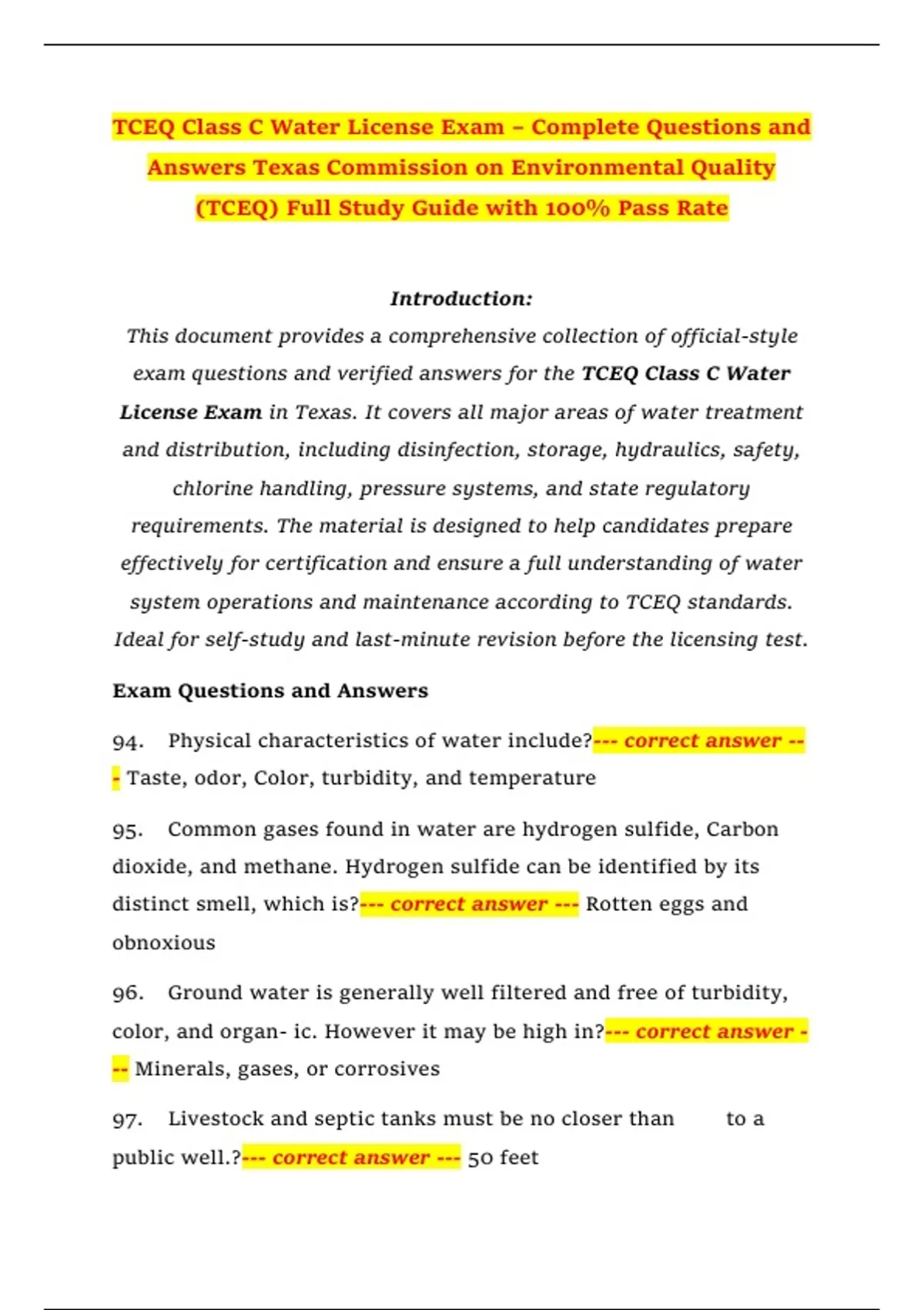 TCEQ Class C Water License Exam – Complete Questions and Answers Texas ...